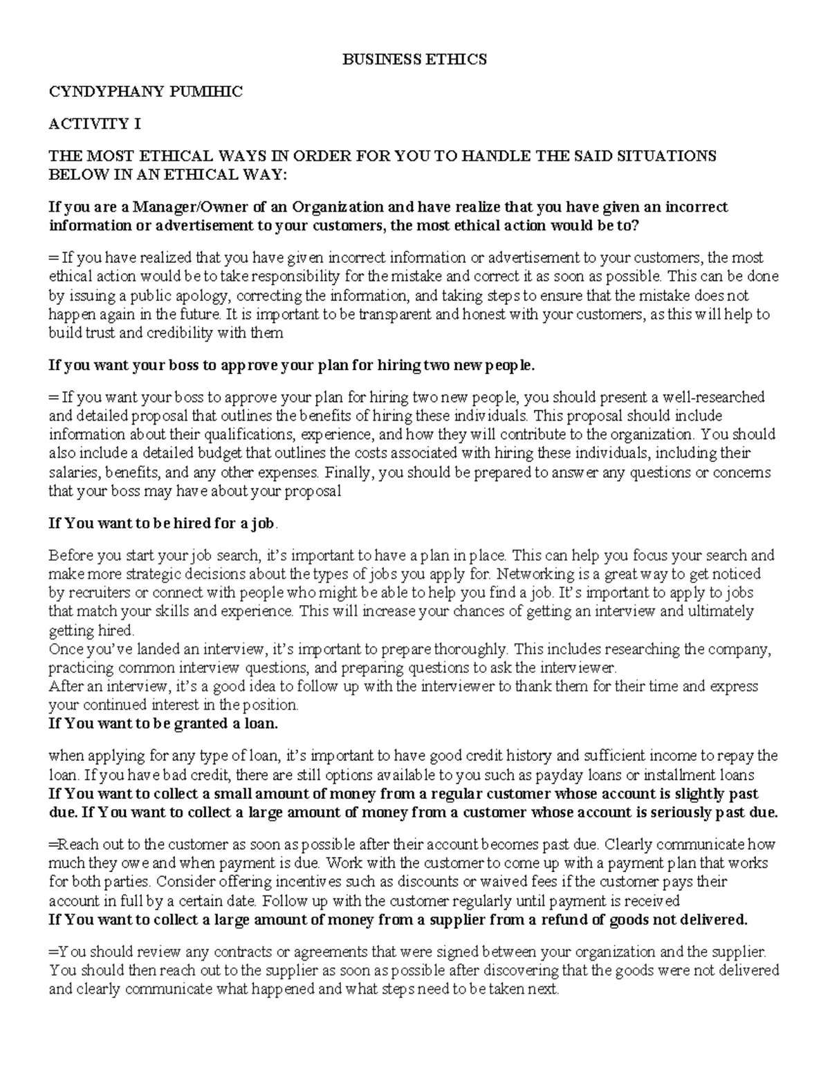 Business Ethics Activity - BUSINESS ETHICS CYNDYPHANY PUMIHIC ACTIVITY ...