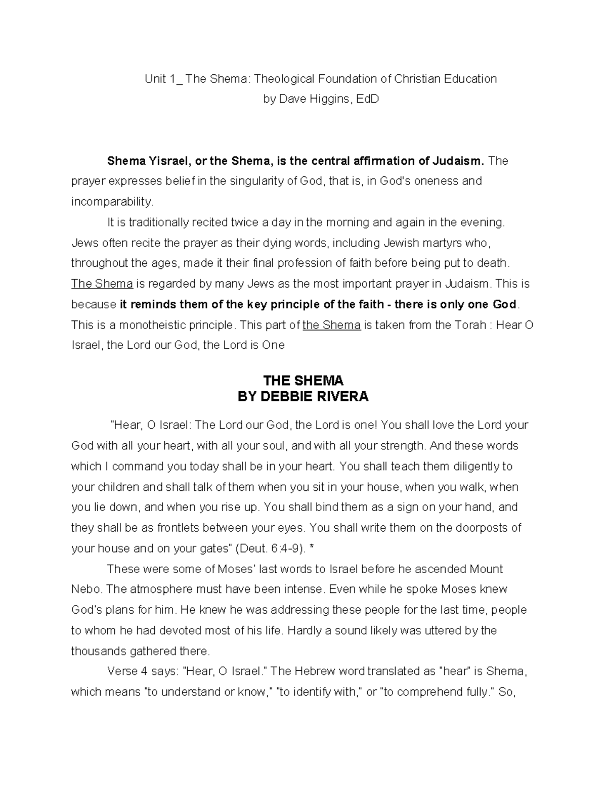 unit 1 The Shema - Unit 1_ The Shema: Theological Foundation of ...