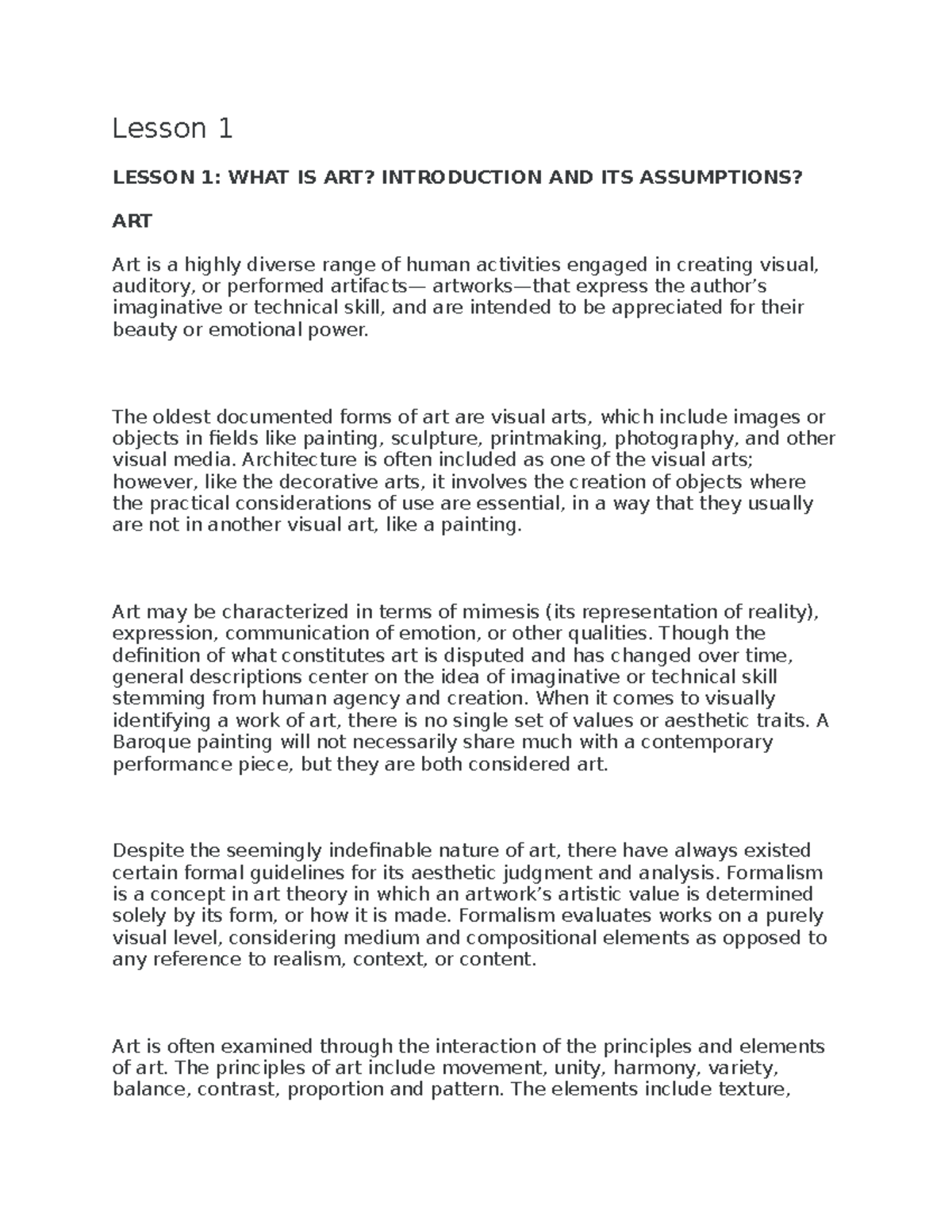 Lesson 1 - ganda ko - Lesson 1 LESSON 1: WHAT IS ART? INTRODUCTION AND ITS ASSUMPTIONS? ART Art ...