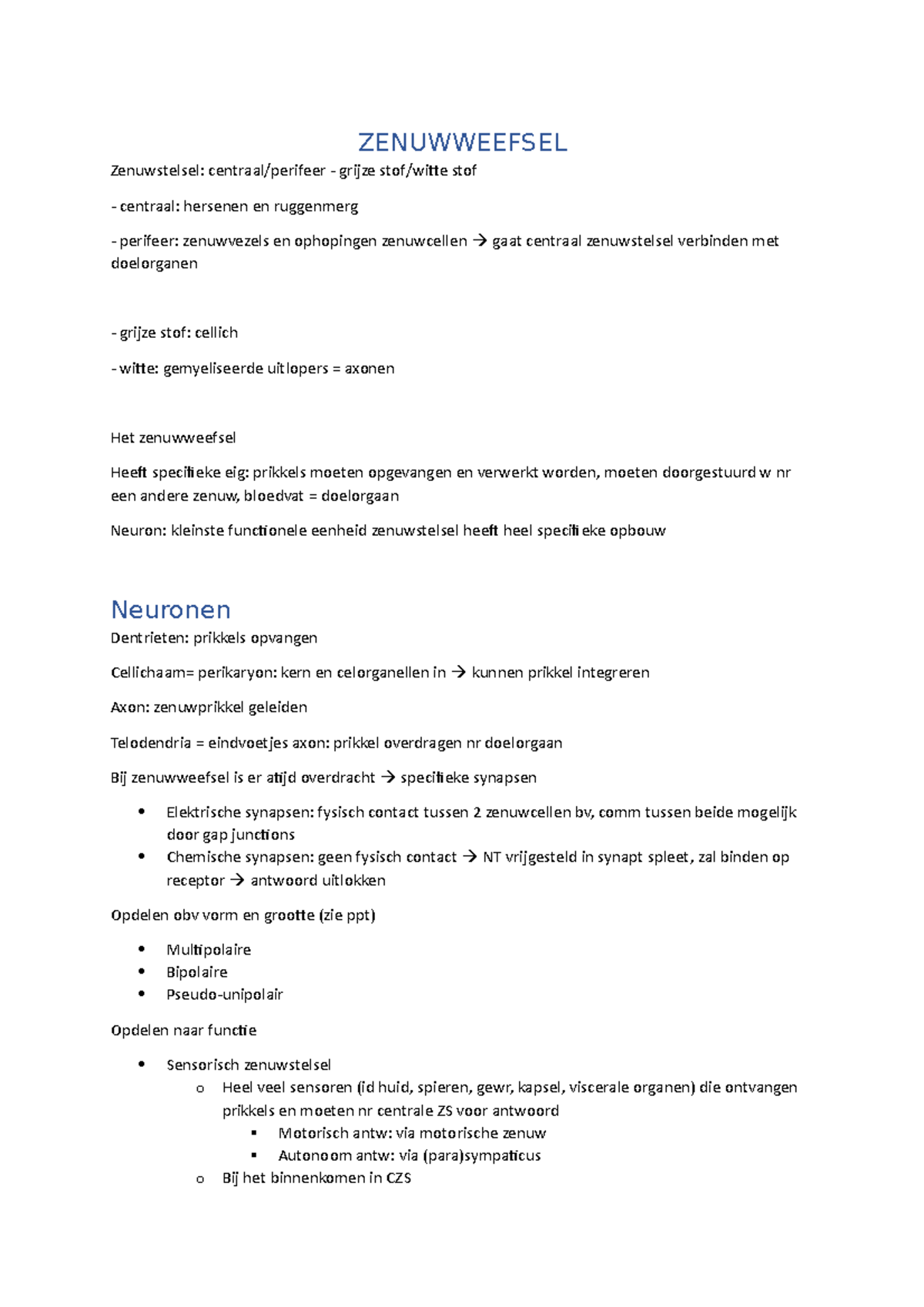 Histo zenuwweefsel - notas - ZENUWWEEFSEL Zenuwstelsel: centraal ...