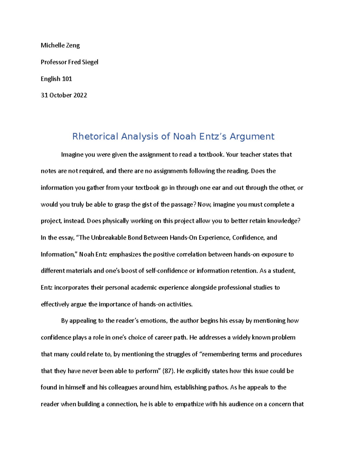 Zeng Rhetorical Analysis - Michelle Zeng Professor Fred Siegel English ...