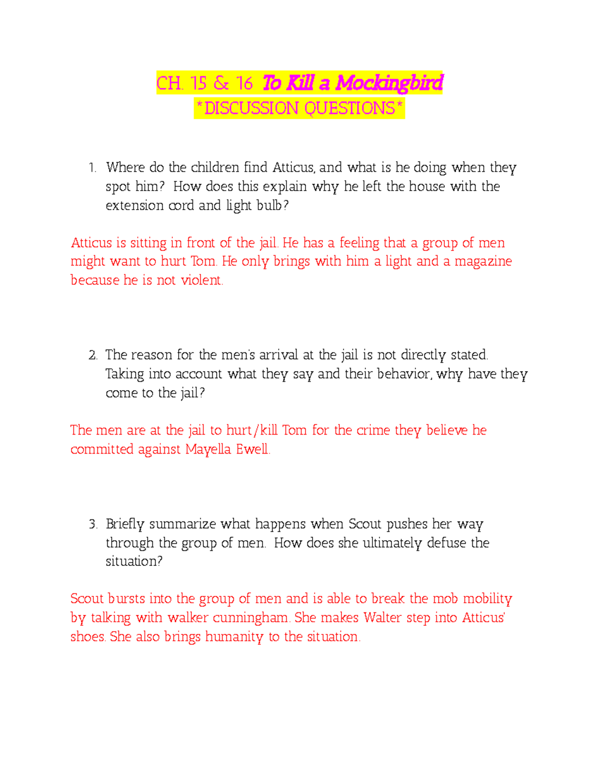 4 - Book Questions - CH. 15 & 16 To Kill a Mockingbird DISCUSSION ...