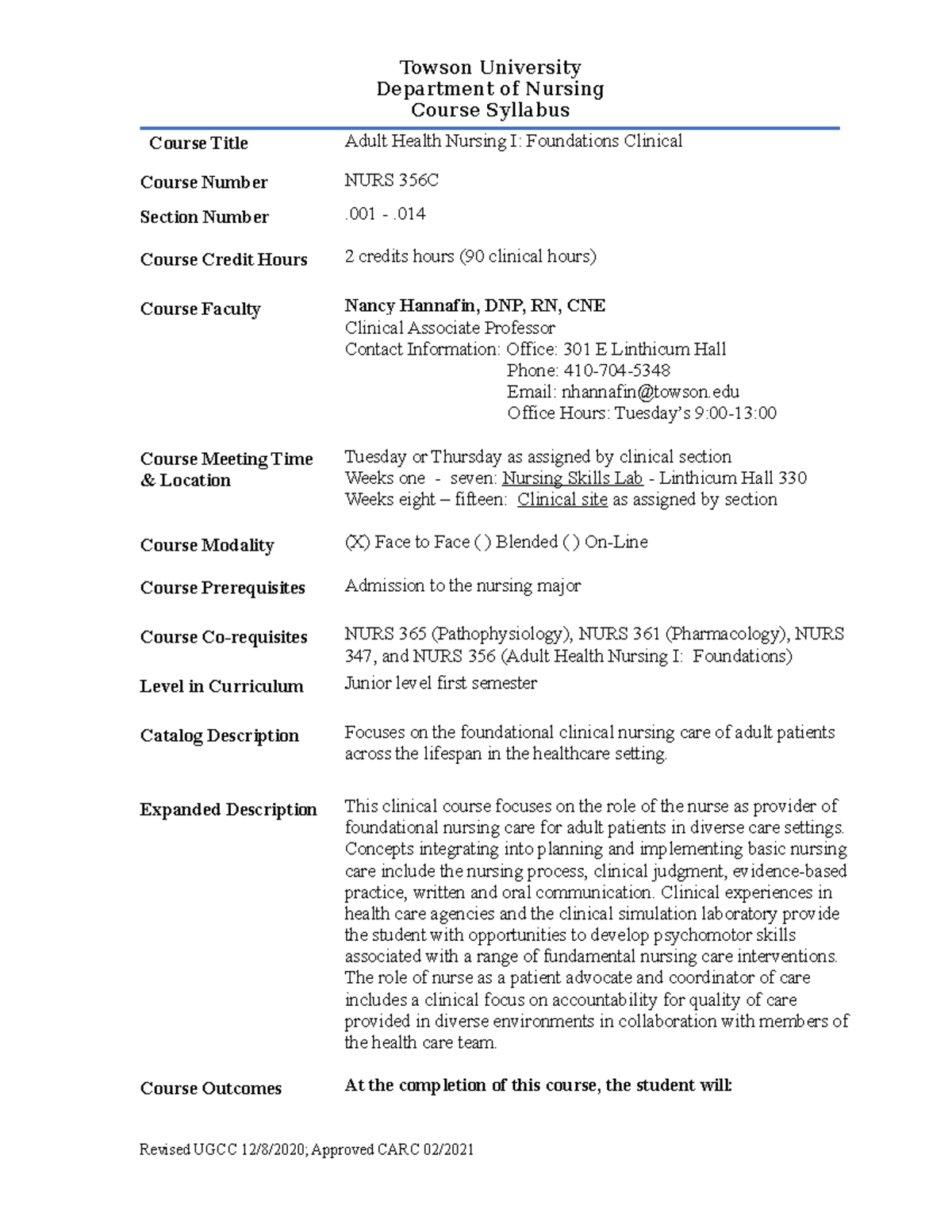 Clinical Syllabus spring 2022.docx(1)(1) - Department of Nursing Course Syllabus Course Title ...