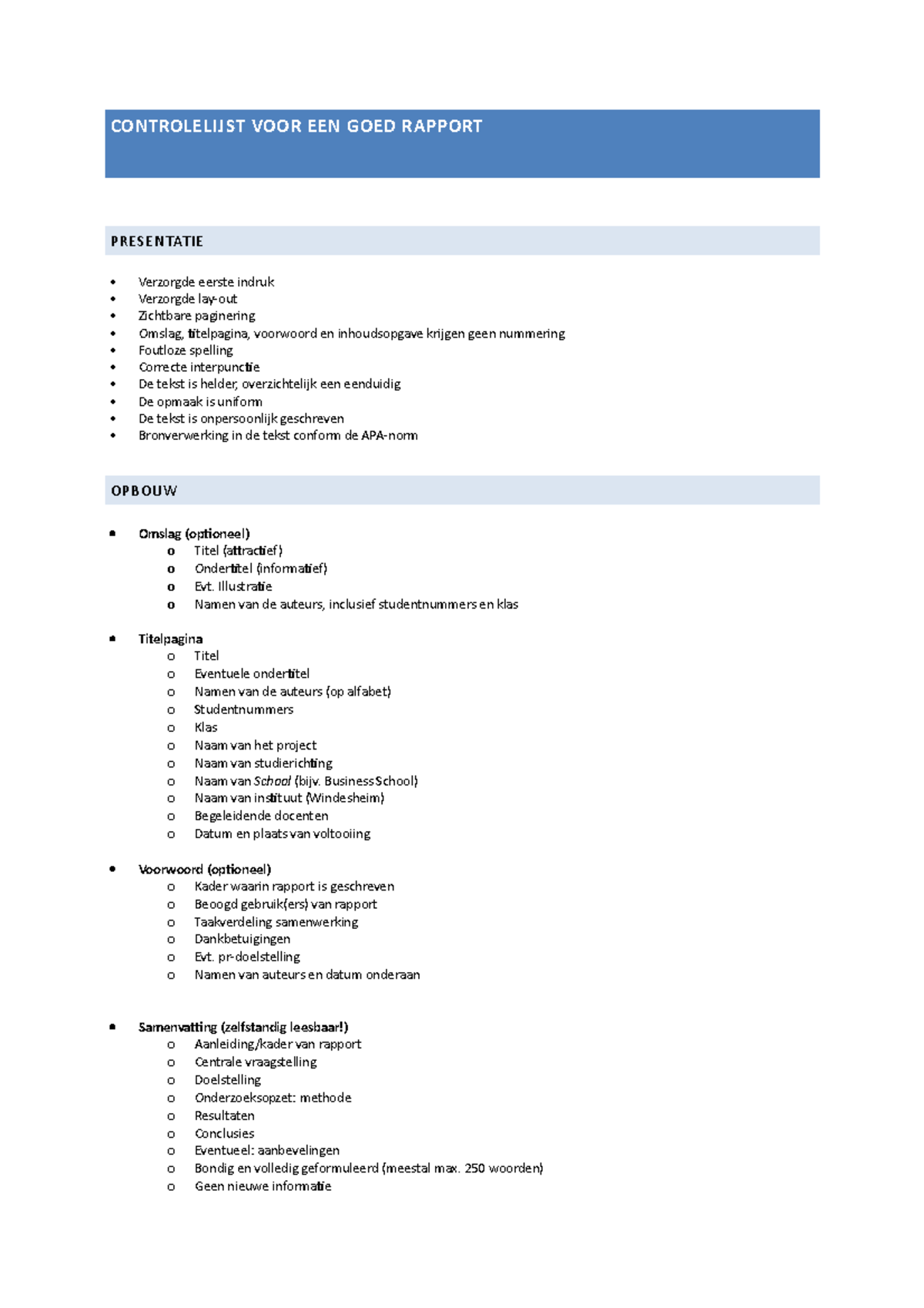 Controlelijst voor een goed rapport 1516 - CONTROLELIJST VOOR EEN GOED ...