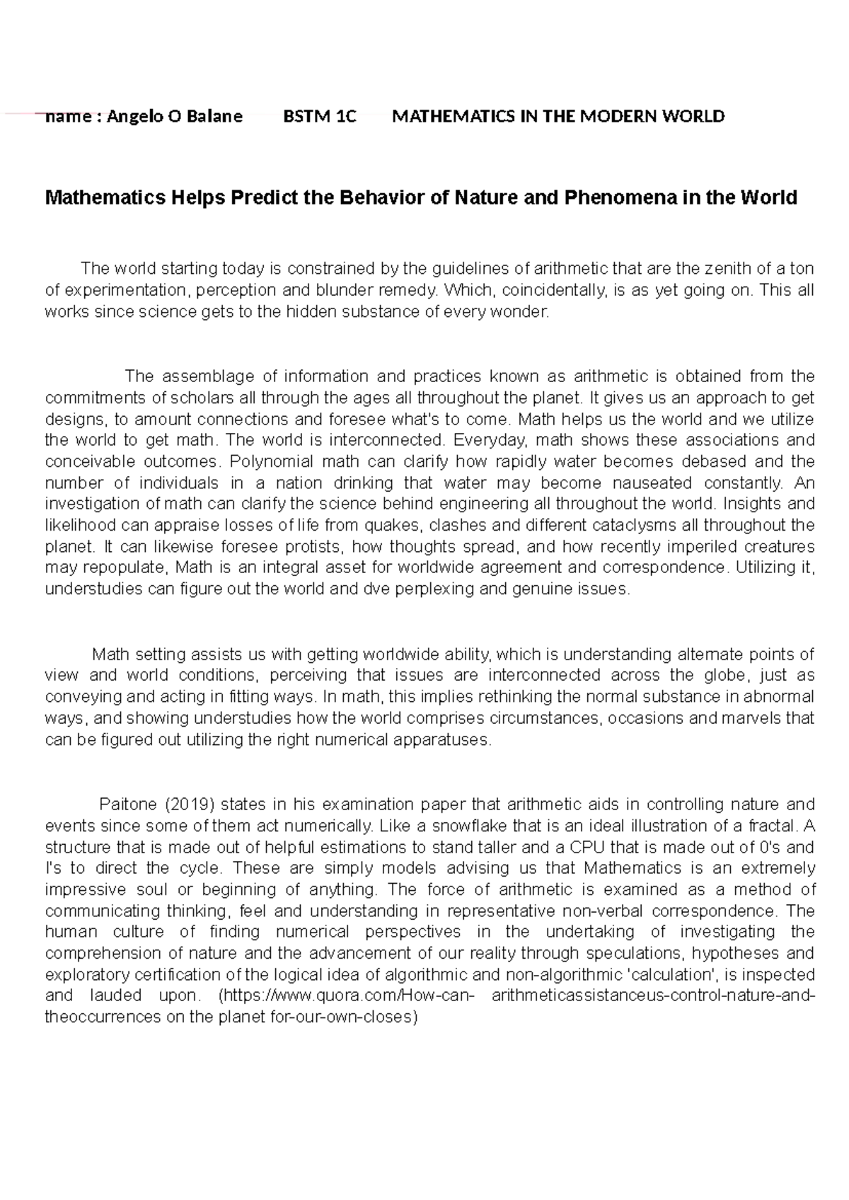 Modern World - Trust me - name : Angelo O Balane BSTM 1C MATHEMATICS IN THE MODERN WORLD ...