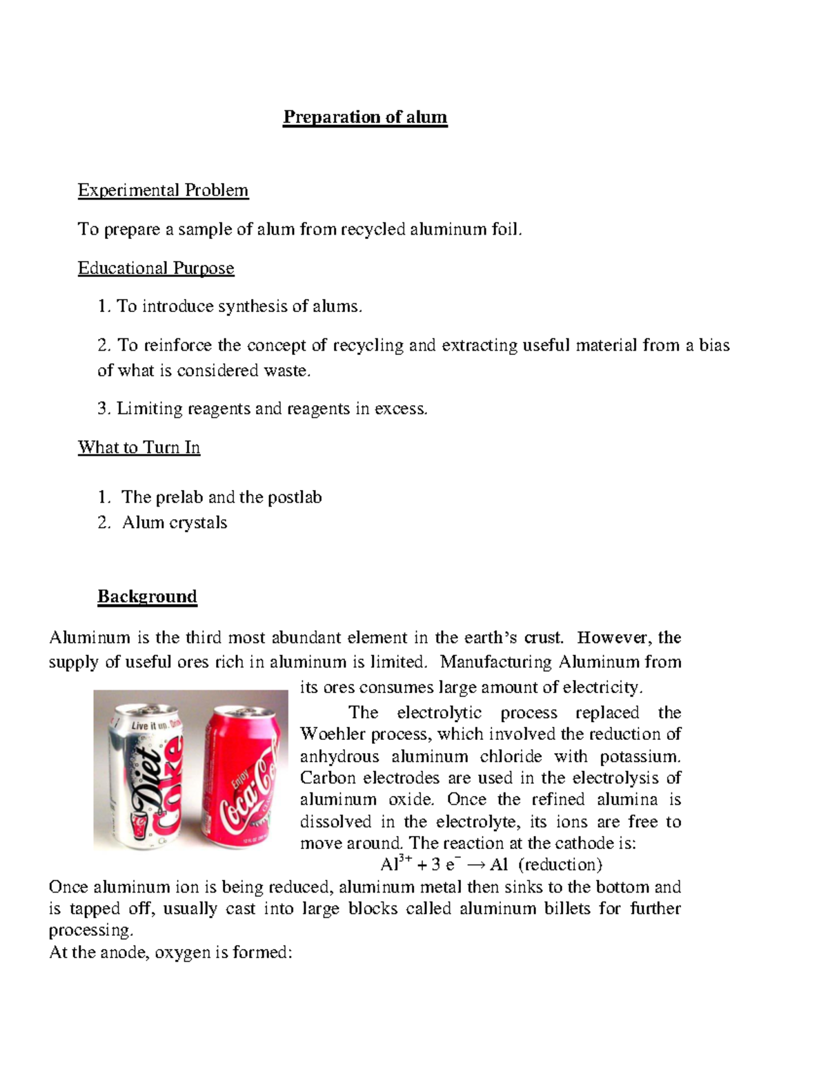 Recycling Aluminum Foil 2 - Preparation of alum Experimental Problem To ...