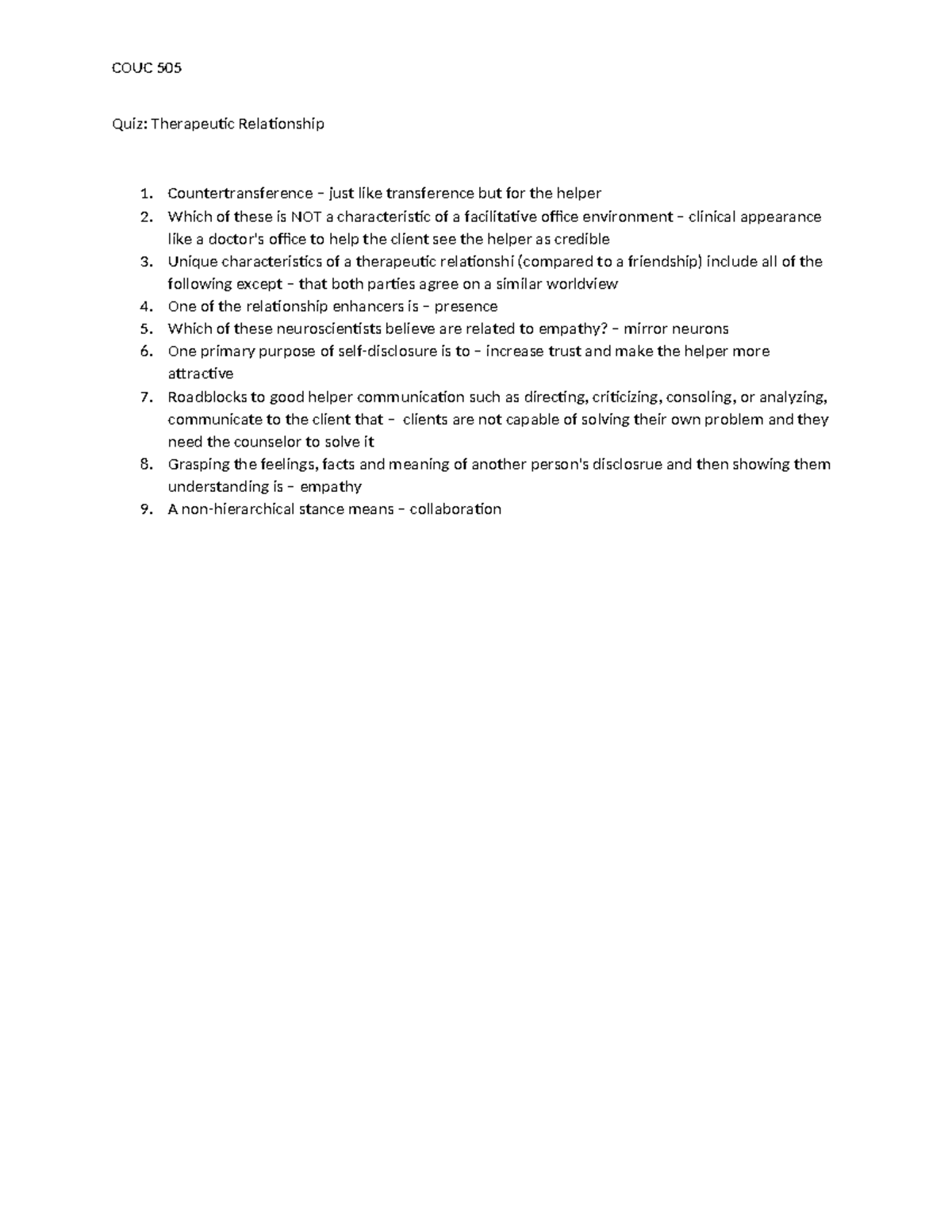 COUC 505 C2 Therapeutic Relationship - COUC 505 Quiz: Therapeutic Relationship 1. - Studocu