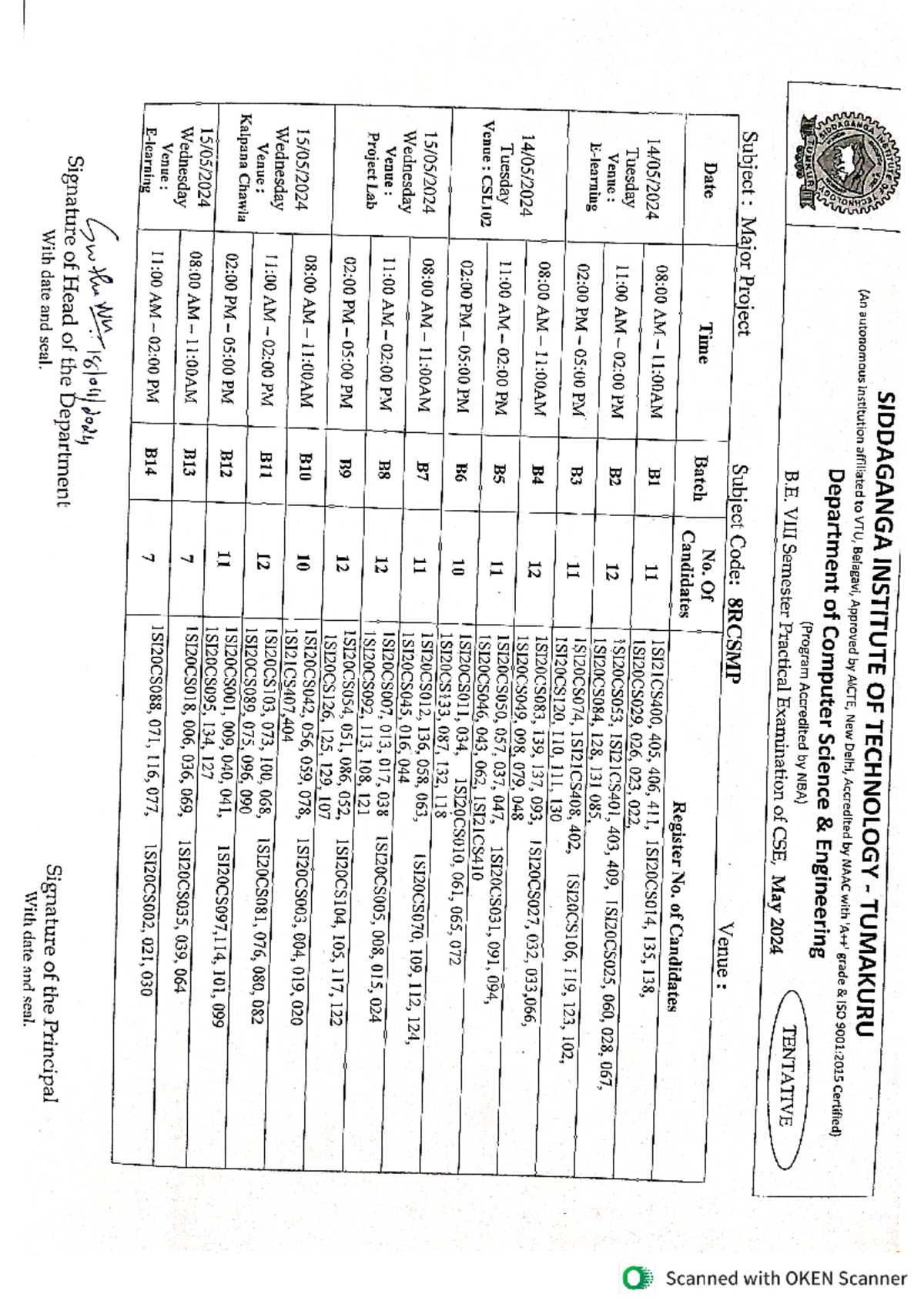 8th major project exam time table - Computer Science and Engineering - Studocu