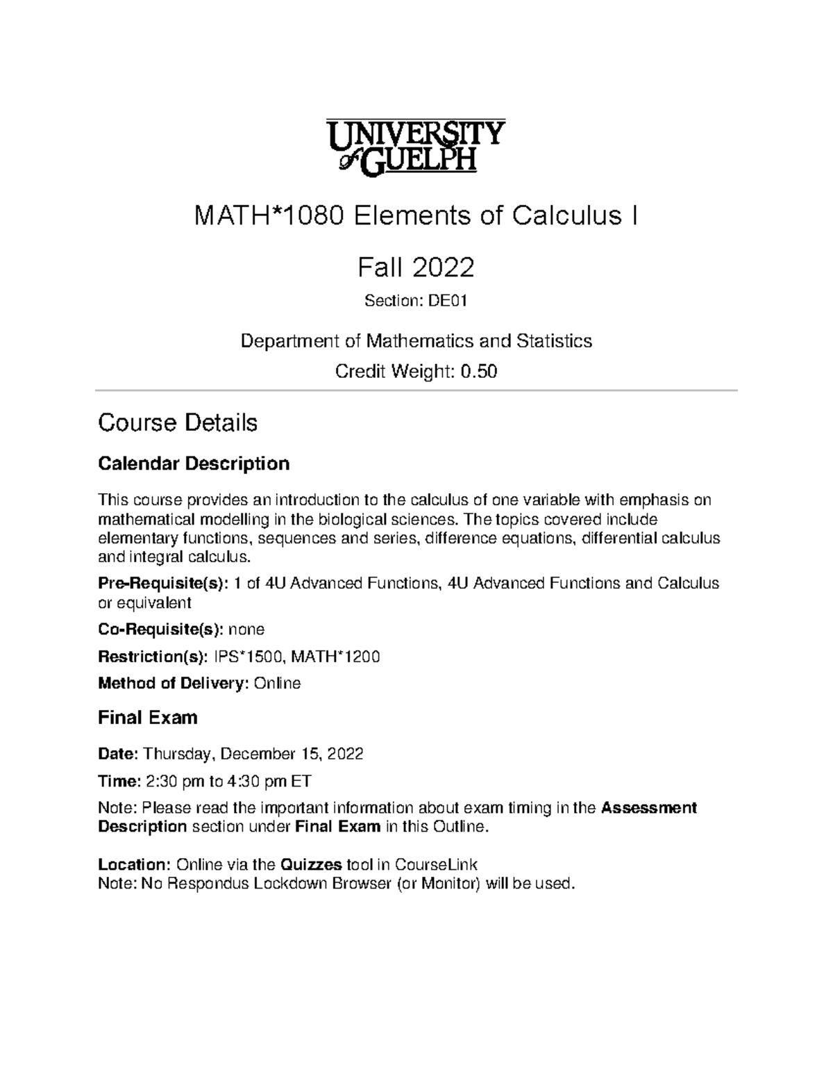 Outline MATH1080 DE01 F22 final-4 - MATH*1080 Elements of Calculus I ...