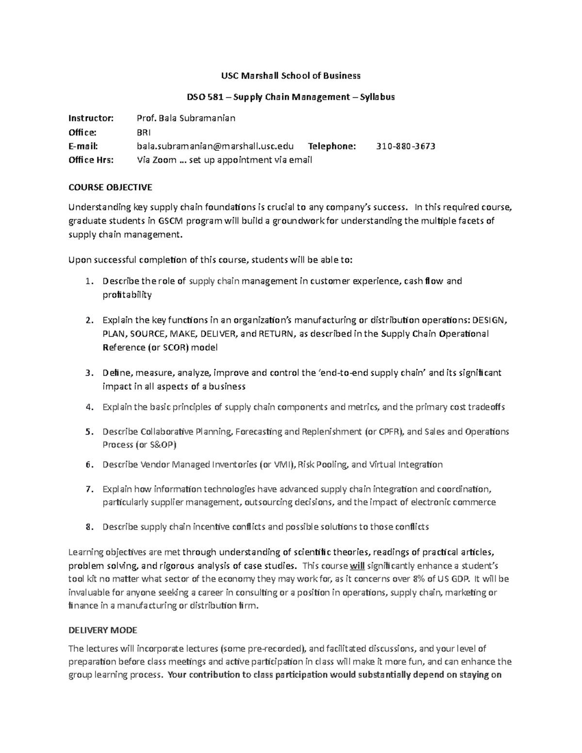 DSO581 Spring 2023 Syllabus - USC Marshall School of Business DSO 581 – Supply Chain Management ...
