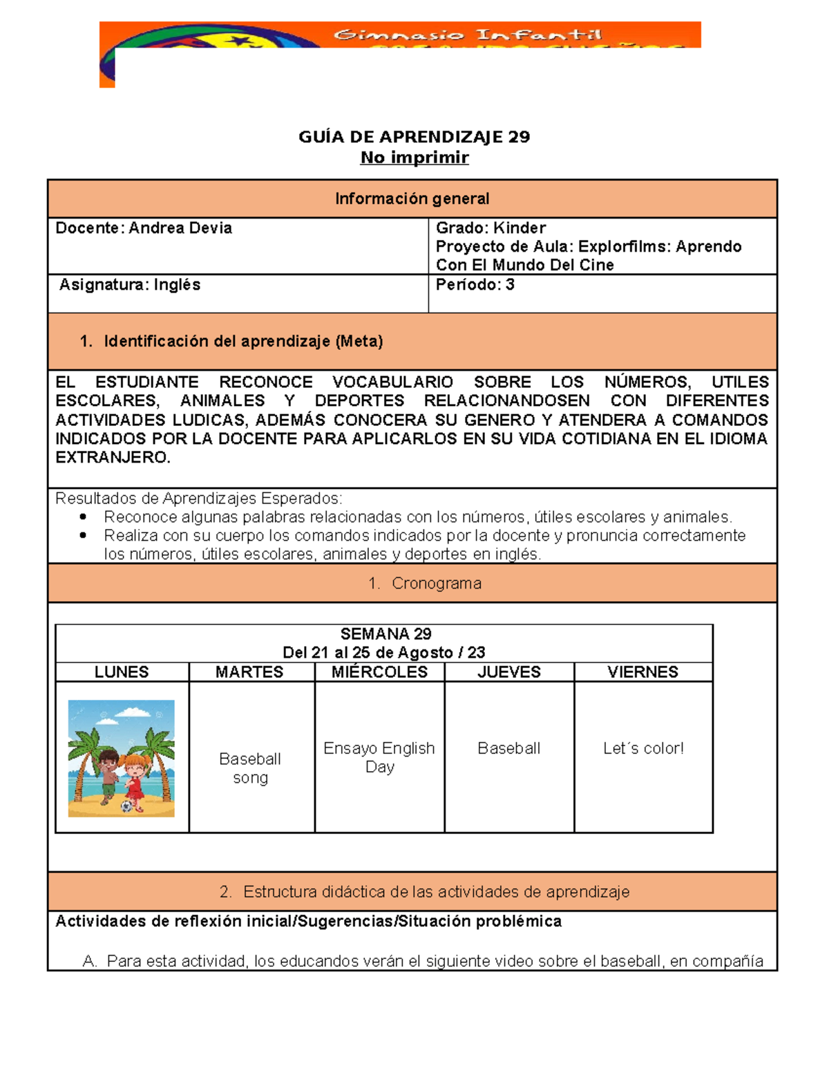 GUIA SEM 29 Inglés Grado Kinder - GUÍA DE APRENDIZAJE 29 No imprimir ...