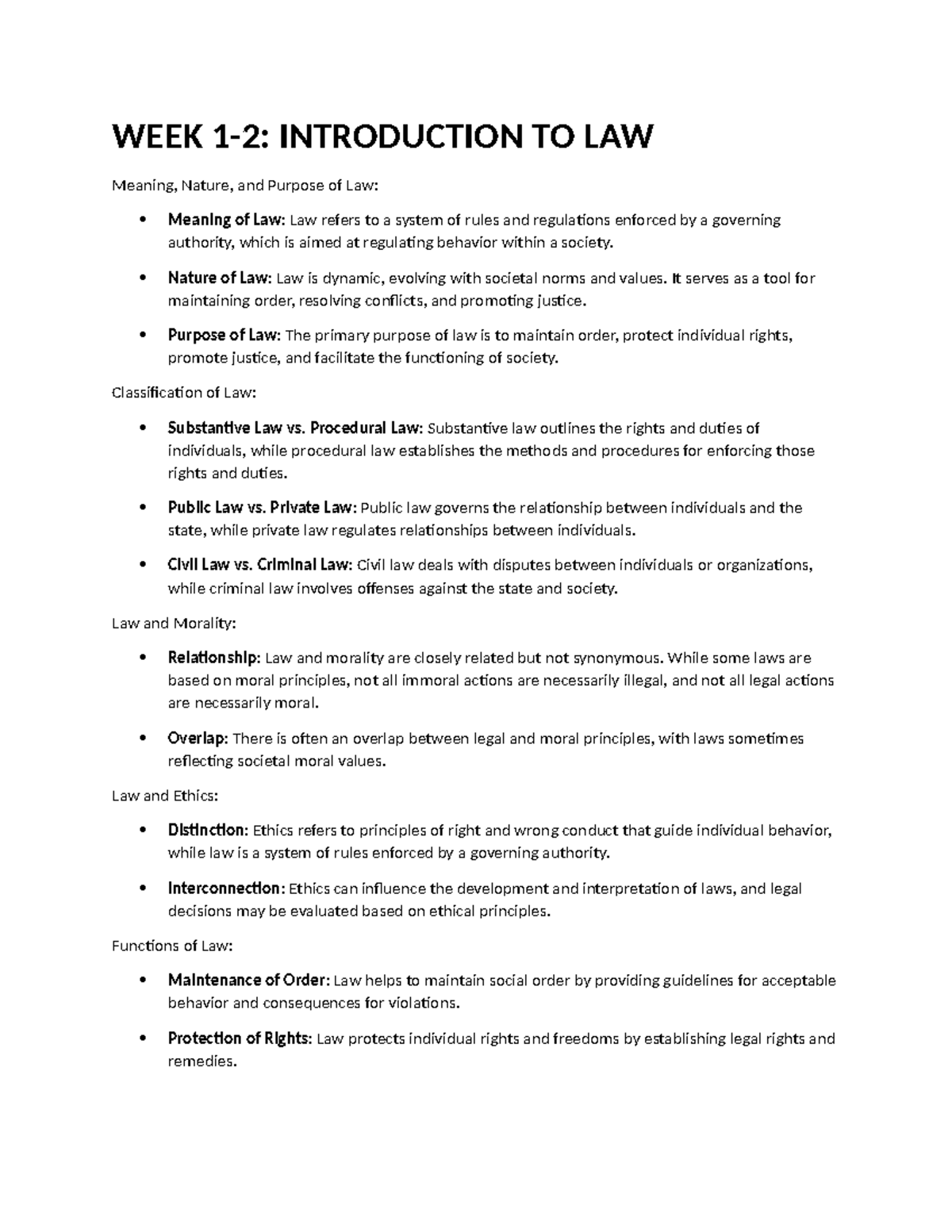 Business law summary - WEEK 1-2: INTRODUCTION TO LAW Meaning, Nature ...