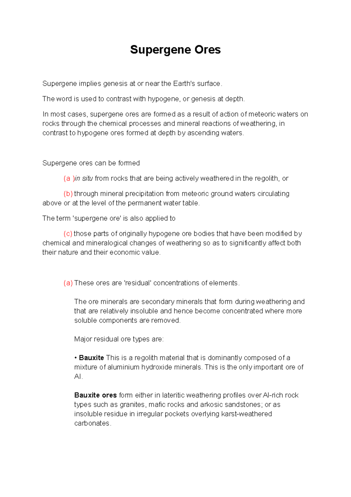 Supergene ores - Lecture notes 8 - Supergene Ores Supergene implies ...
