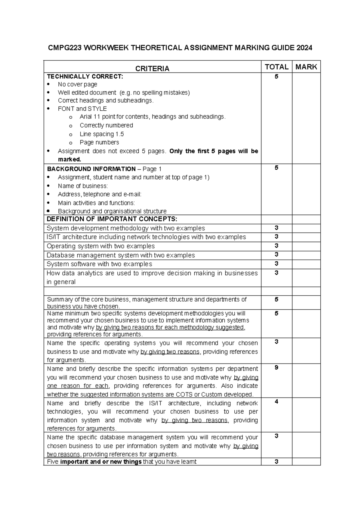 CMPG223Theoretical Workweek Assignment Marking Guide 2024 - CMPG223 ...