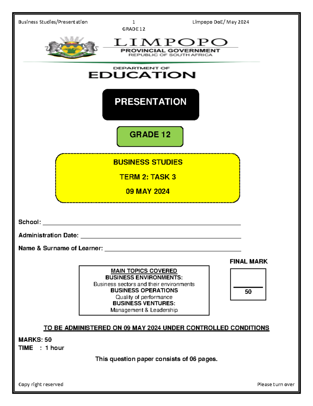 2024 BSTD Grade 12 Presentation QP - Business Studies/Presentation 1 ...