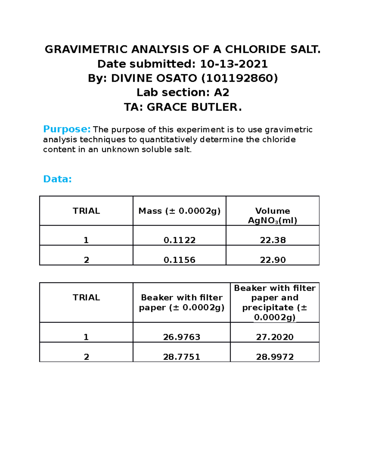 Gravimetric Analysis OF A Chloride SALT PRE LAB - CHEM253 - Harvard ...