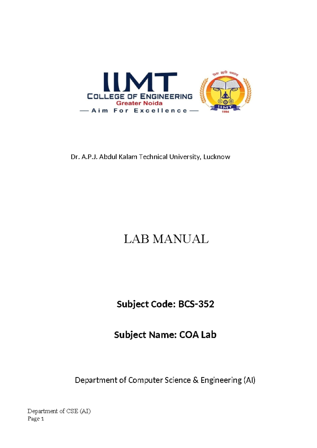 COA Lab Manual Updated - Dr. A.P. Abdul Kalam Technical University, Lucknow LAB MANUAL Subject ...
