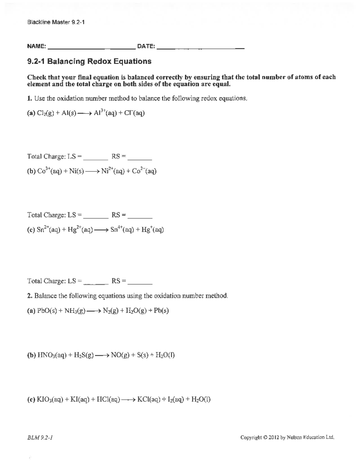 Balancing Redox Equations - SCH4UZ - Studocu