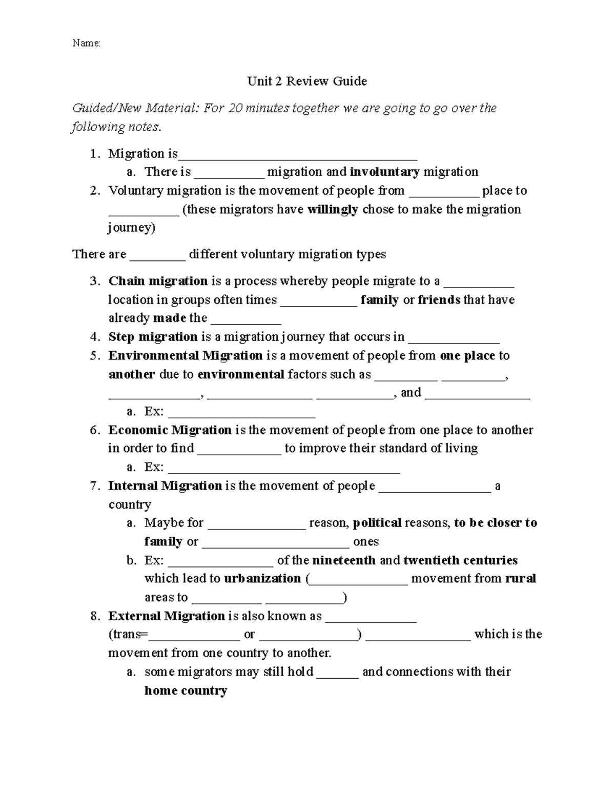 Unit 2 study guide - Unit 2 Review Guide Guided/New Material: For 20 ...