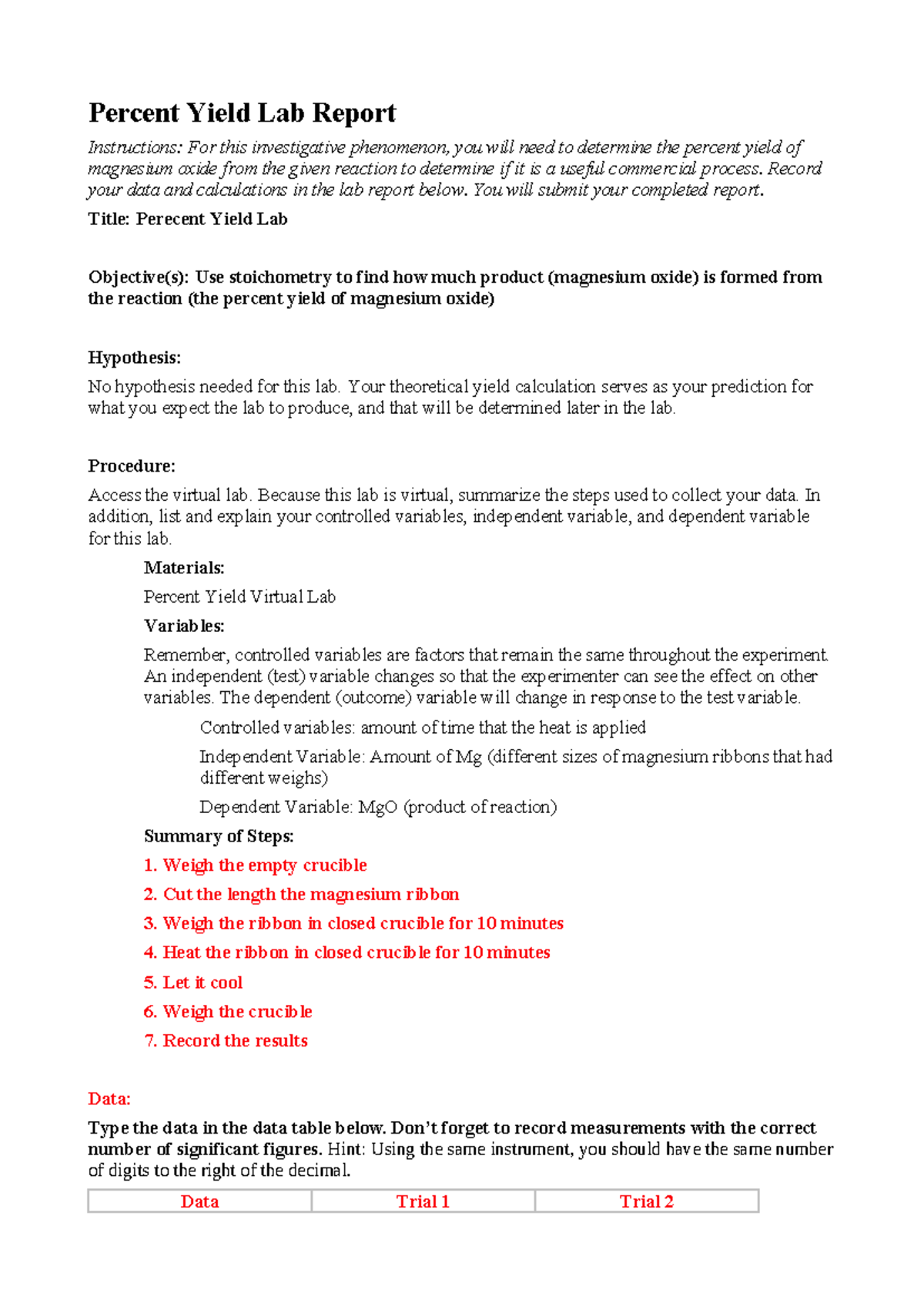 05 06 lab report - Percent Yield Lab Report Instructions: For this ...