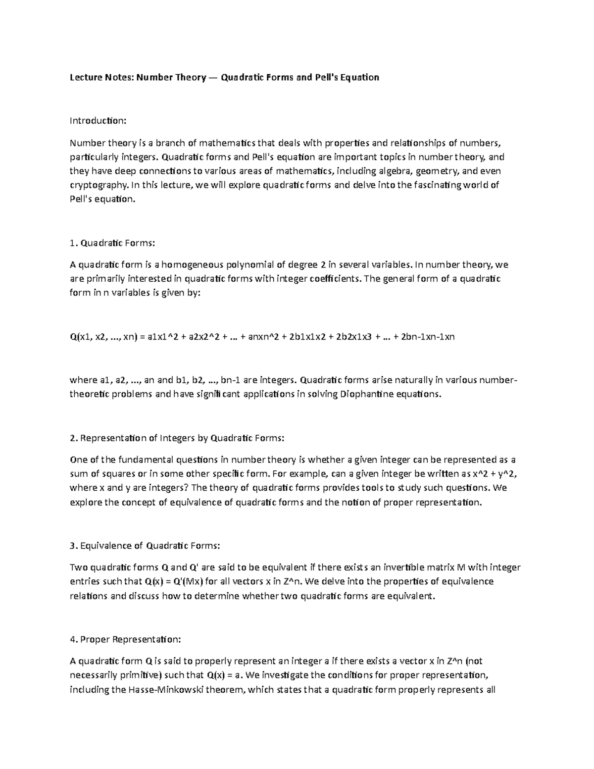 Lecture Notes Number Theory — Quadratic Forms And Pells Equation Quadratic Forms And Pells