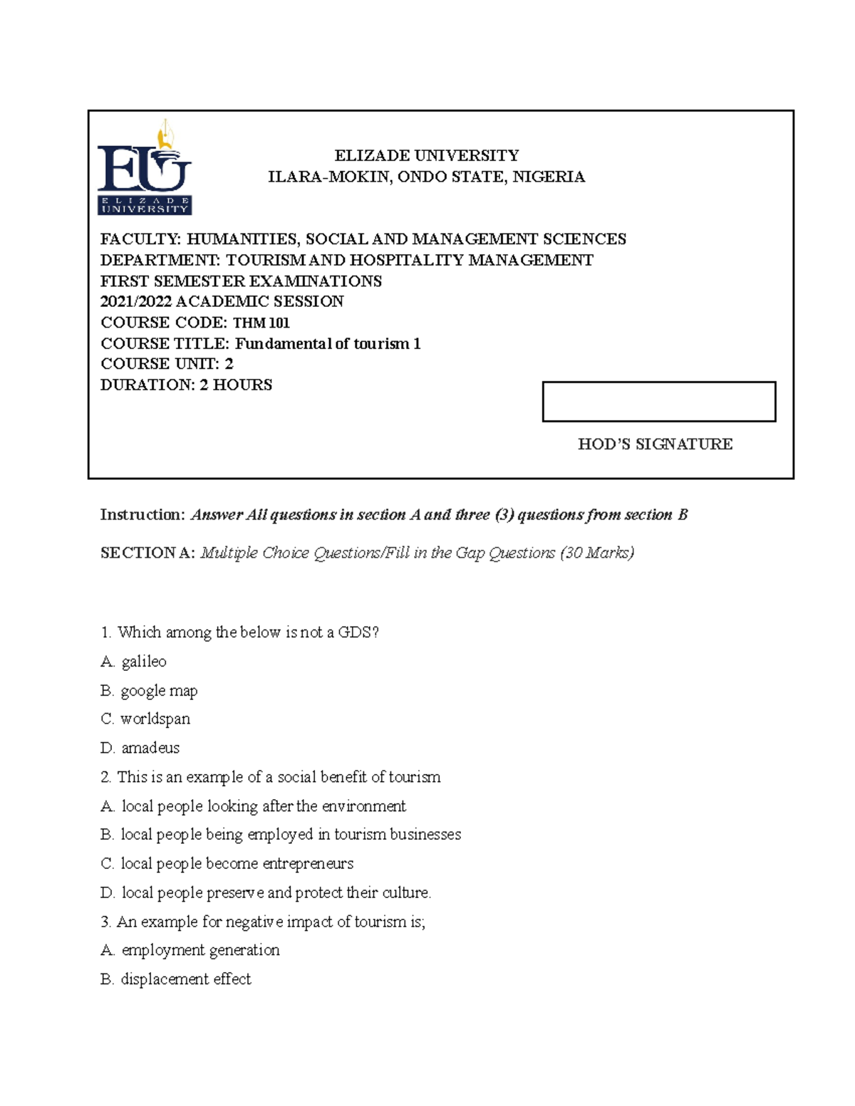 THM 101 extra - Past exam questions - ELIZADE UNIVERSITY ILARA-MOKIN ...