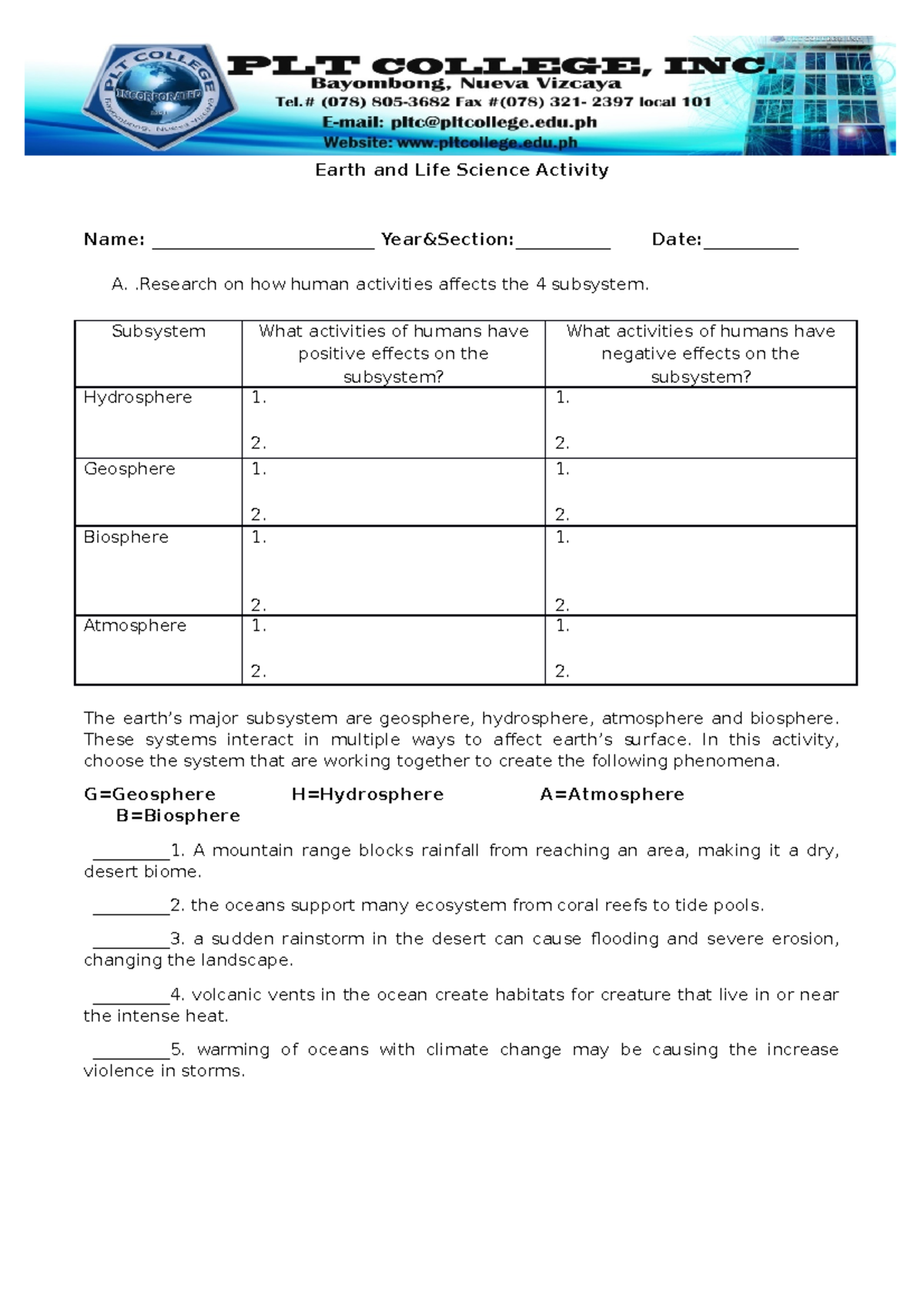 Activity 2. ELS - informative - Earth and Life Science Activity Name