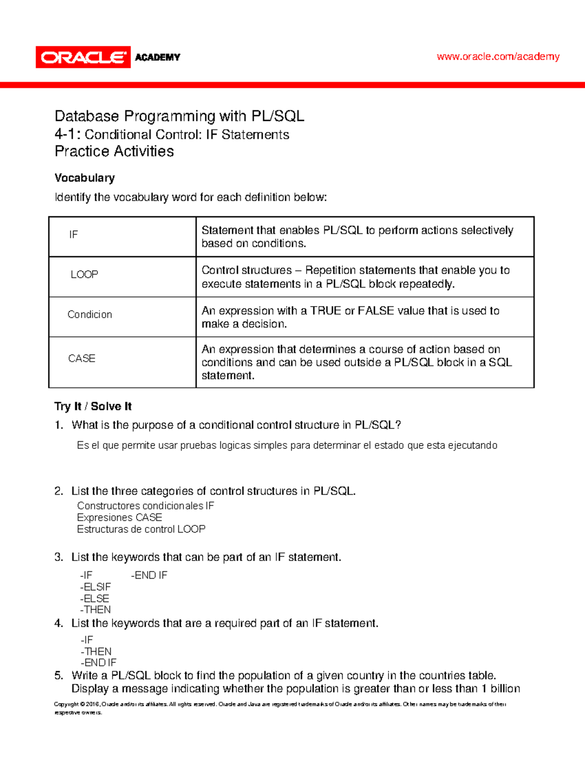 Plsql 4 1 Practice Practica De Clase Copyright © 2016 Oracle Andor Its Affiliates All 