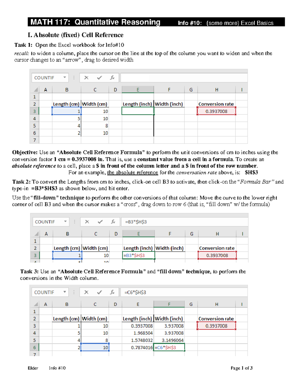 10-Info#10- Excel Basics Part 2 - Elder Info #10 Page 1 of 3 MATH 117 ...