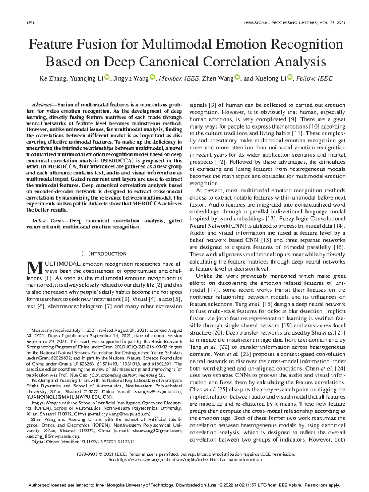 Feature Fusion For Multimodal Emotion Recognition Based On Deep Canonical Correlation Analysis