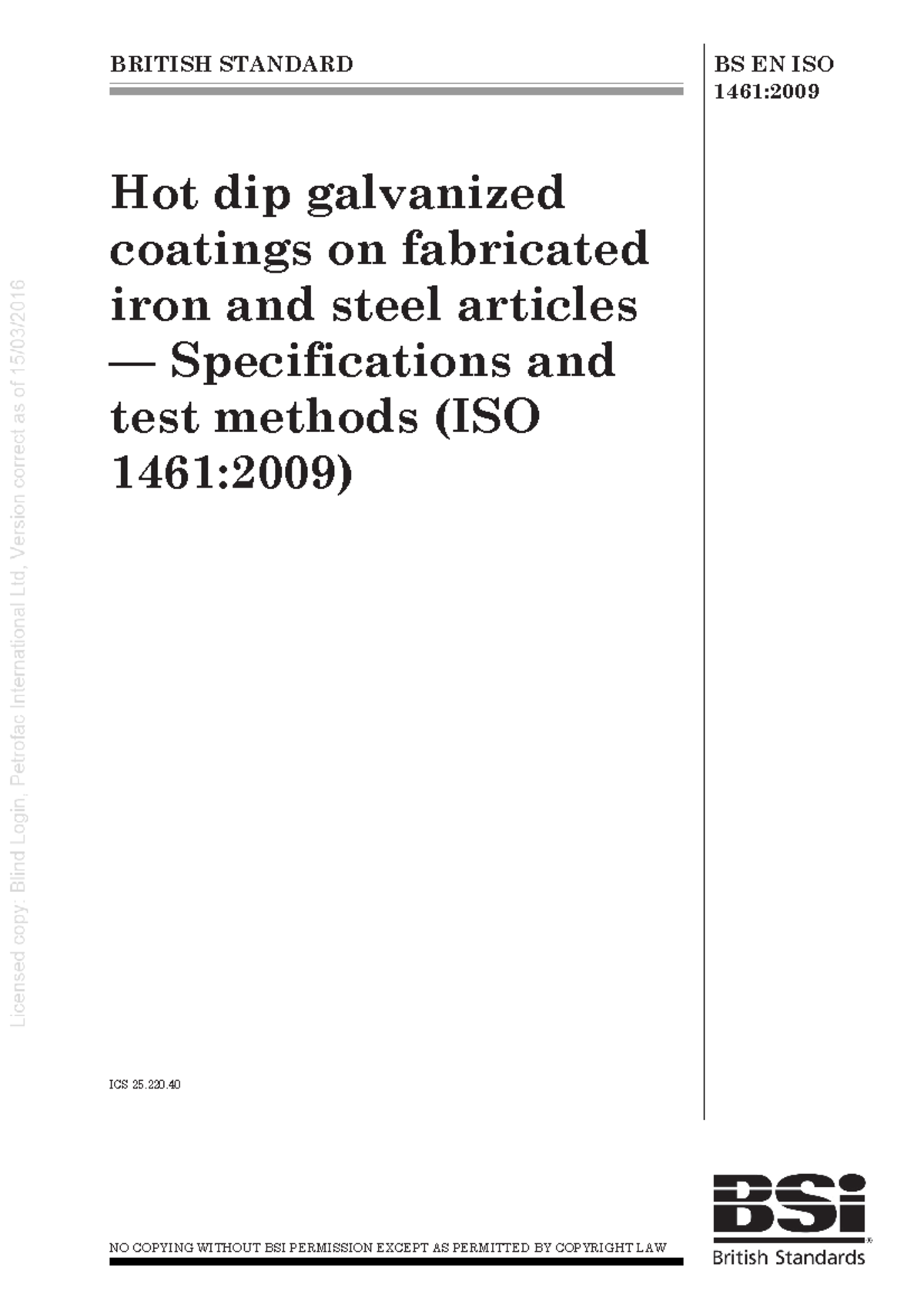 BS EN ISO 1461-2009 ( Hot dip galvanized coatings ) - BS EN ISO 1461 ...