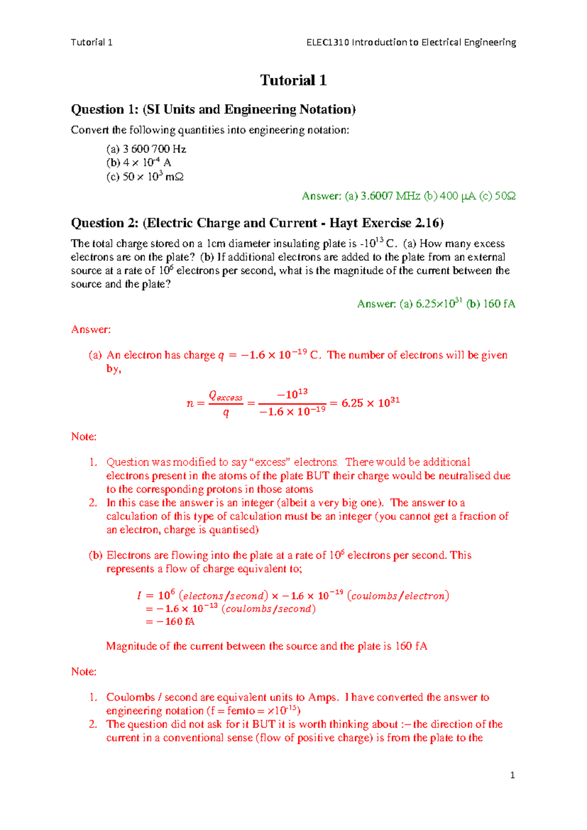 Tutorial 1 solution-1 - Solutions - Tutorial 1 Question 1: (SI Units and Engineering Notation ...
