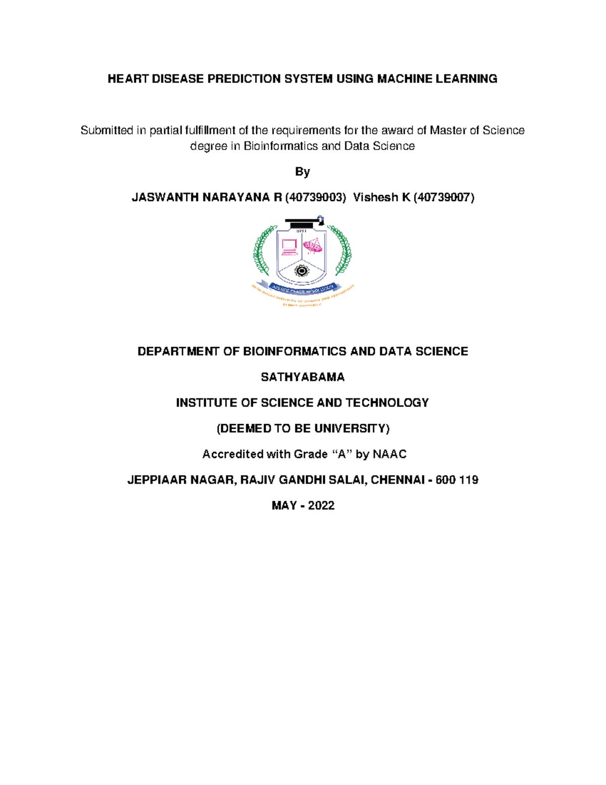 Jaswanth Narayana R(40738003) Vishesh K (40738007) - HEART DISEASE ...