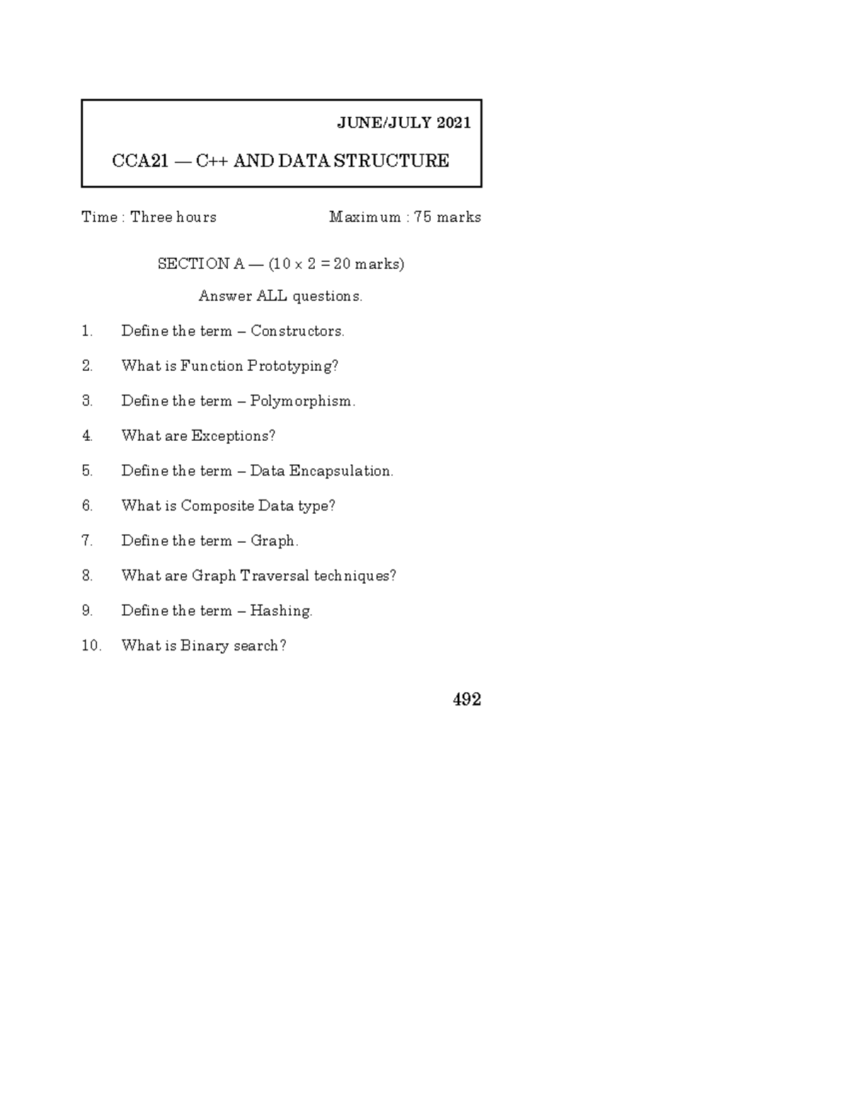 C++ 2021 Question paper - 492 Time : Three hours Maximum : 75 marks ...