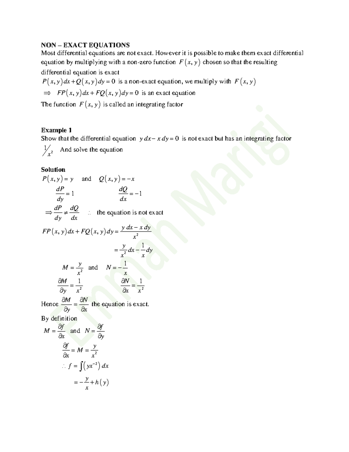 SMA 2232 Lec 3 - ode - ####### NON – EXACT EQUATIONS Most differential ...