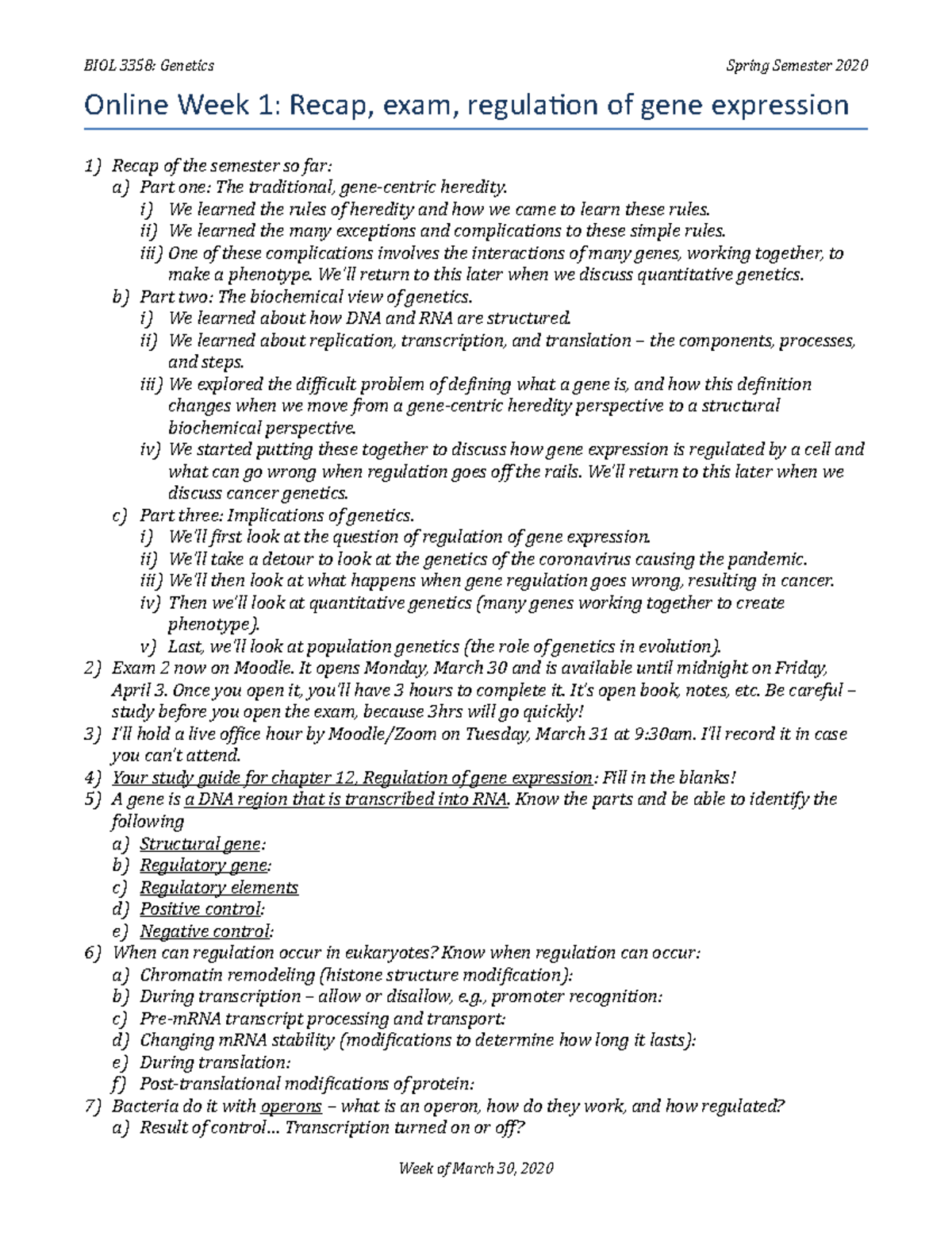Online Week 1 Recap Exam Regulation Of Gene Expression Biol 3358
