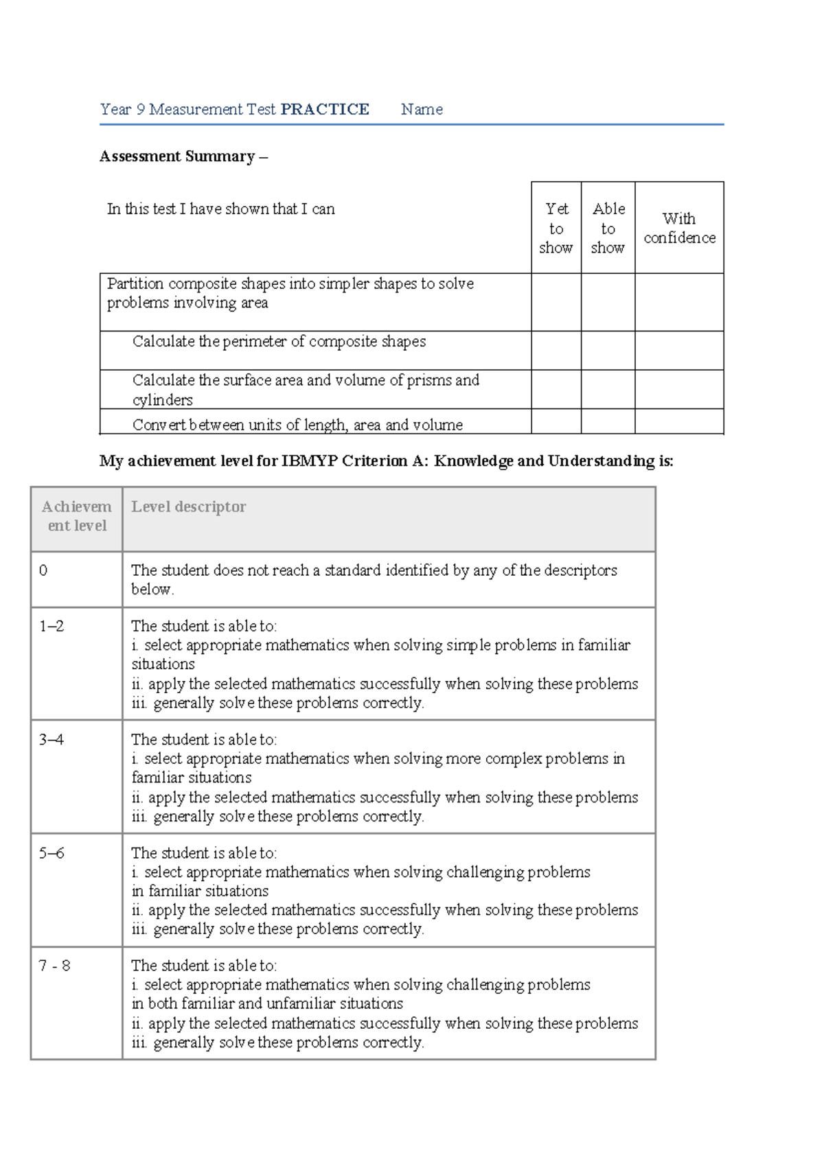 Practice Measurement Test - Year 9 Measurement Test PRACTICE Name ...