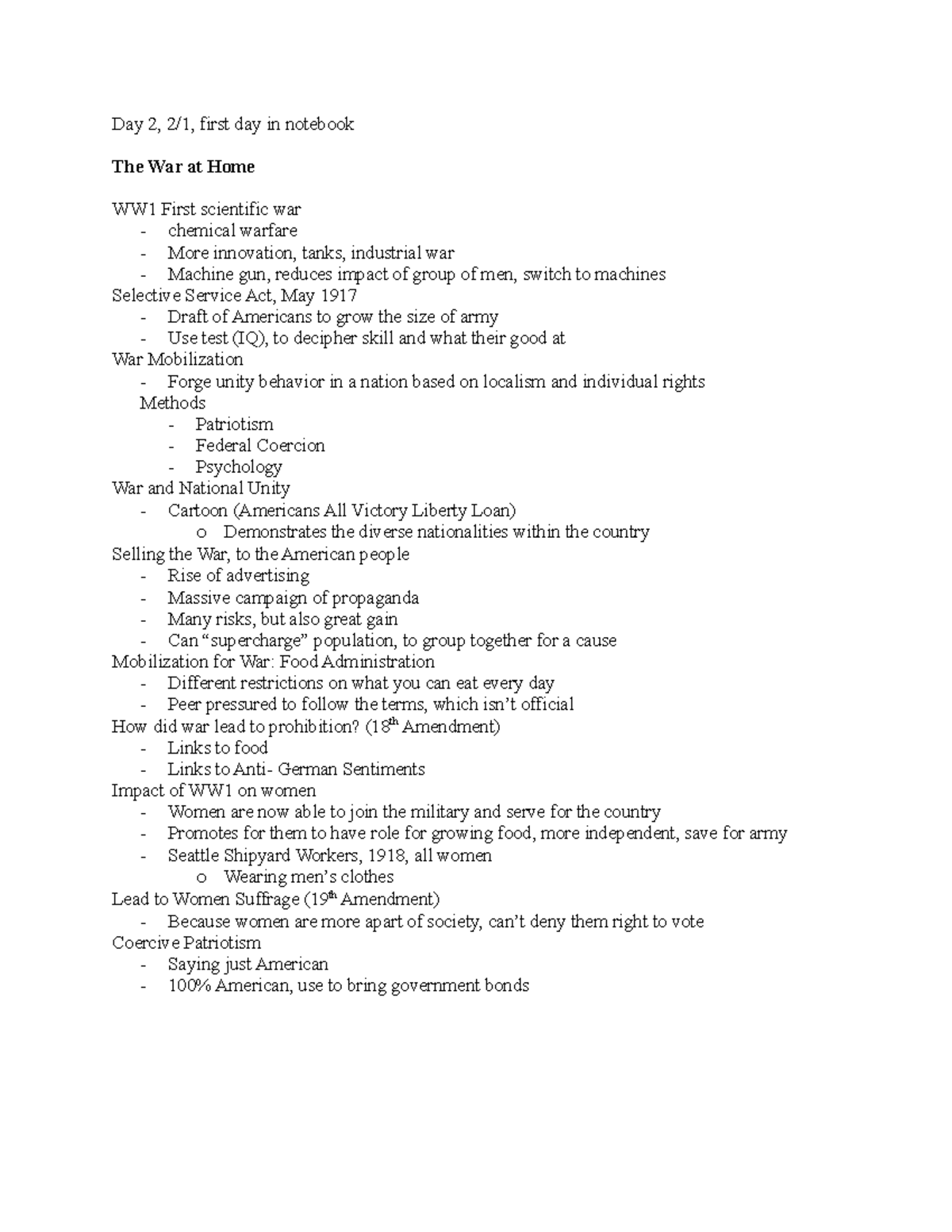 Chapter 19 Notes - WW1 - Day 2, 2/1, first day in notebook The War at ...