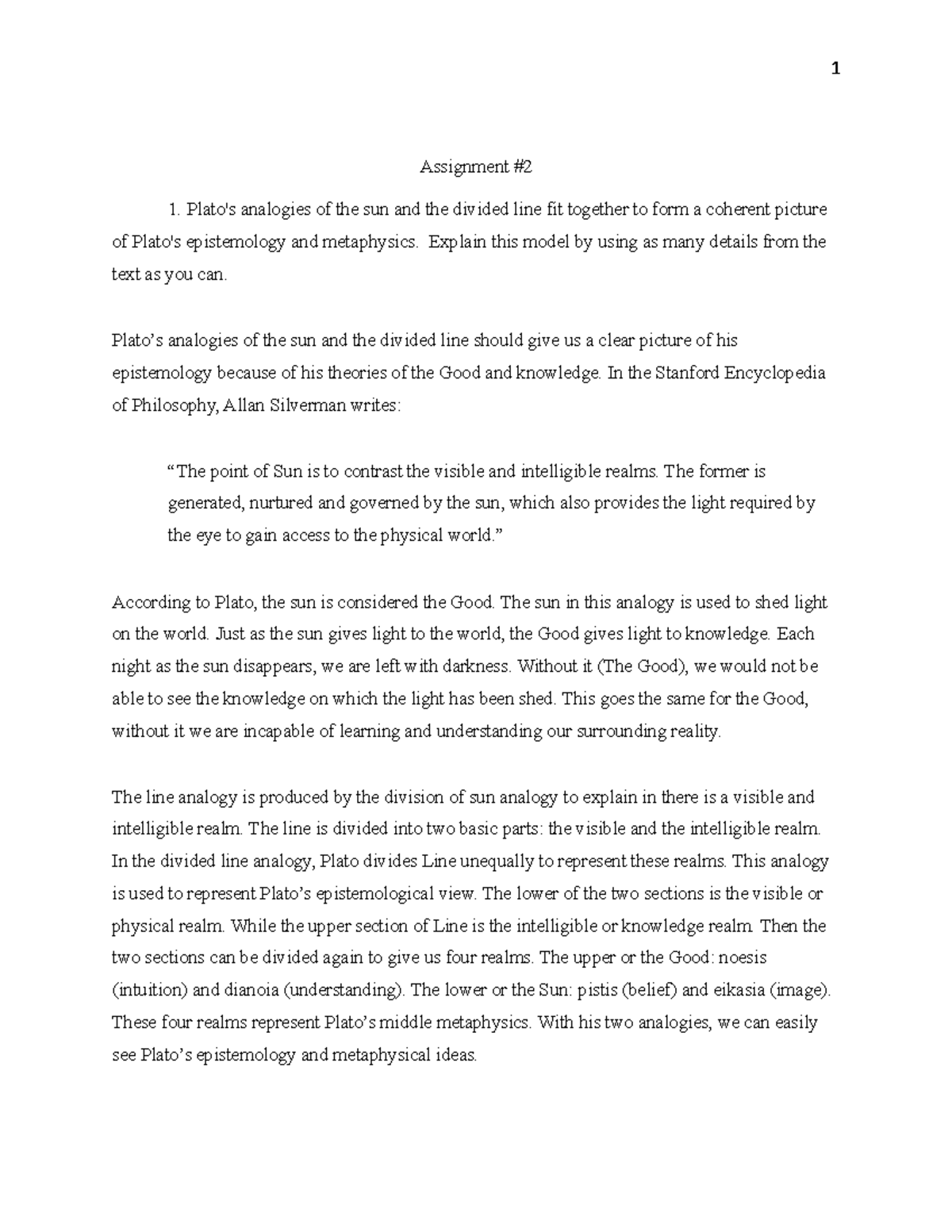 Assignment 2 - 1 Assignment # Plato's analogies of the sun and the ...