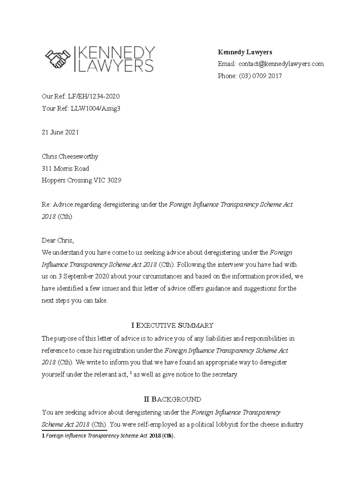 Letter of Advice regarding deregistering under the Foreign Influence ...