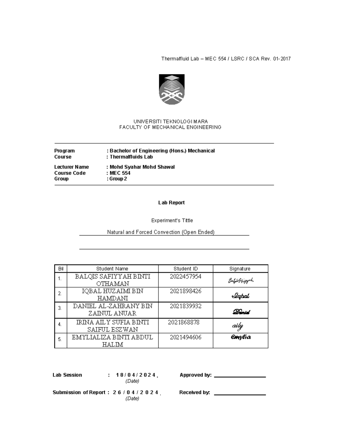 Lab free and force - Thermalfluid Lab – MEC 554 / LSRC / SCA Rev. 01 ...