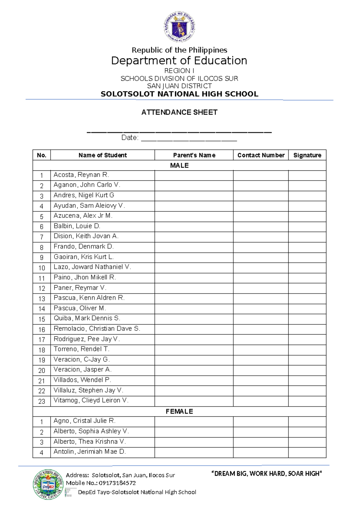 Attendance sheet - “DREAM BIG, WORK HARD, SOAR HIGH” DepEd Tayo ...