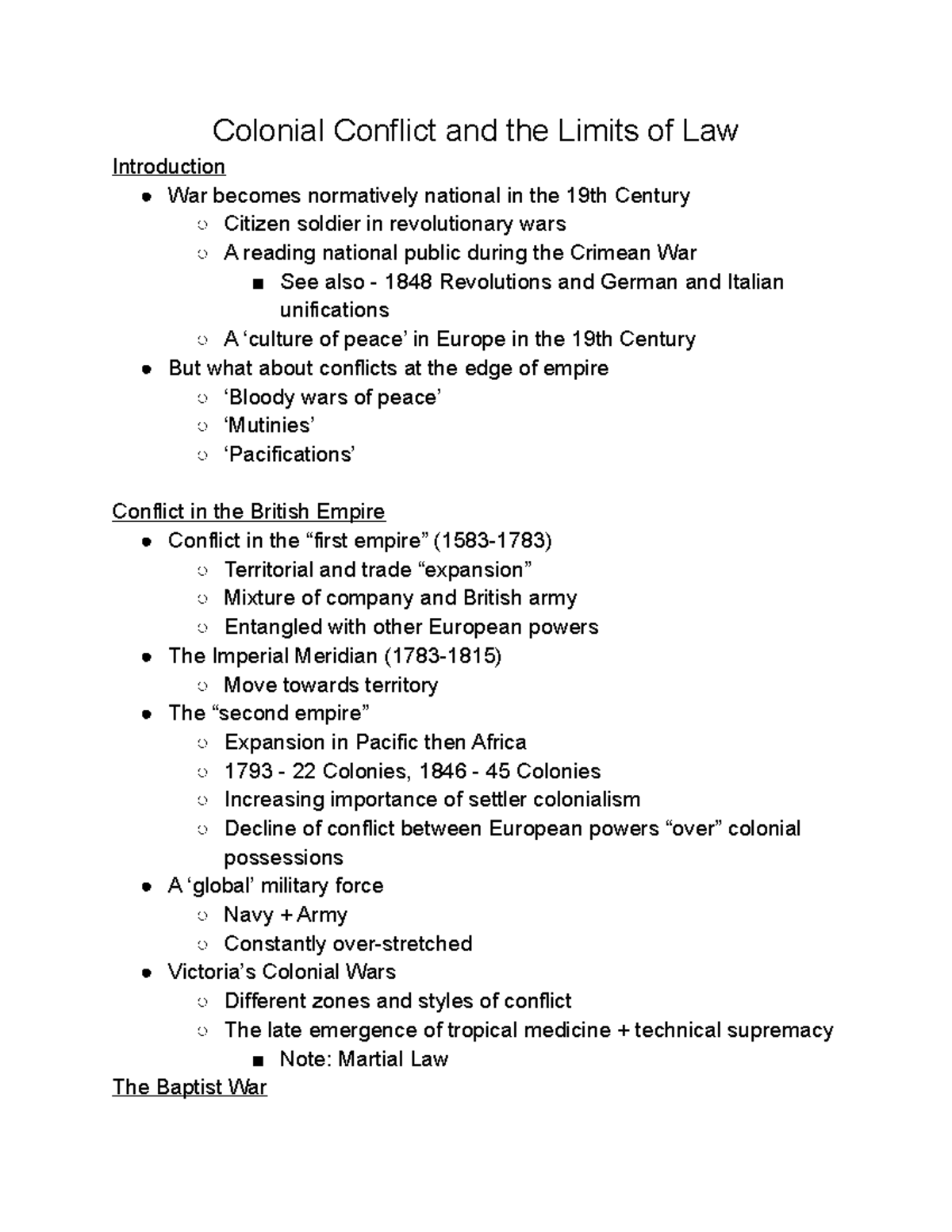 Week 5 Lectures - Lecture notes on Colonial Conflicts and the Limits of ...