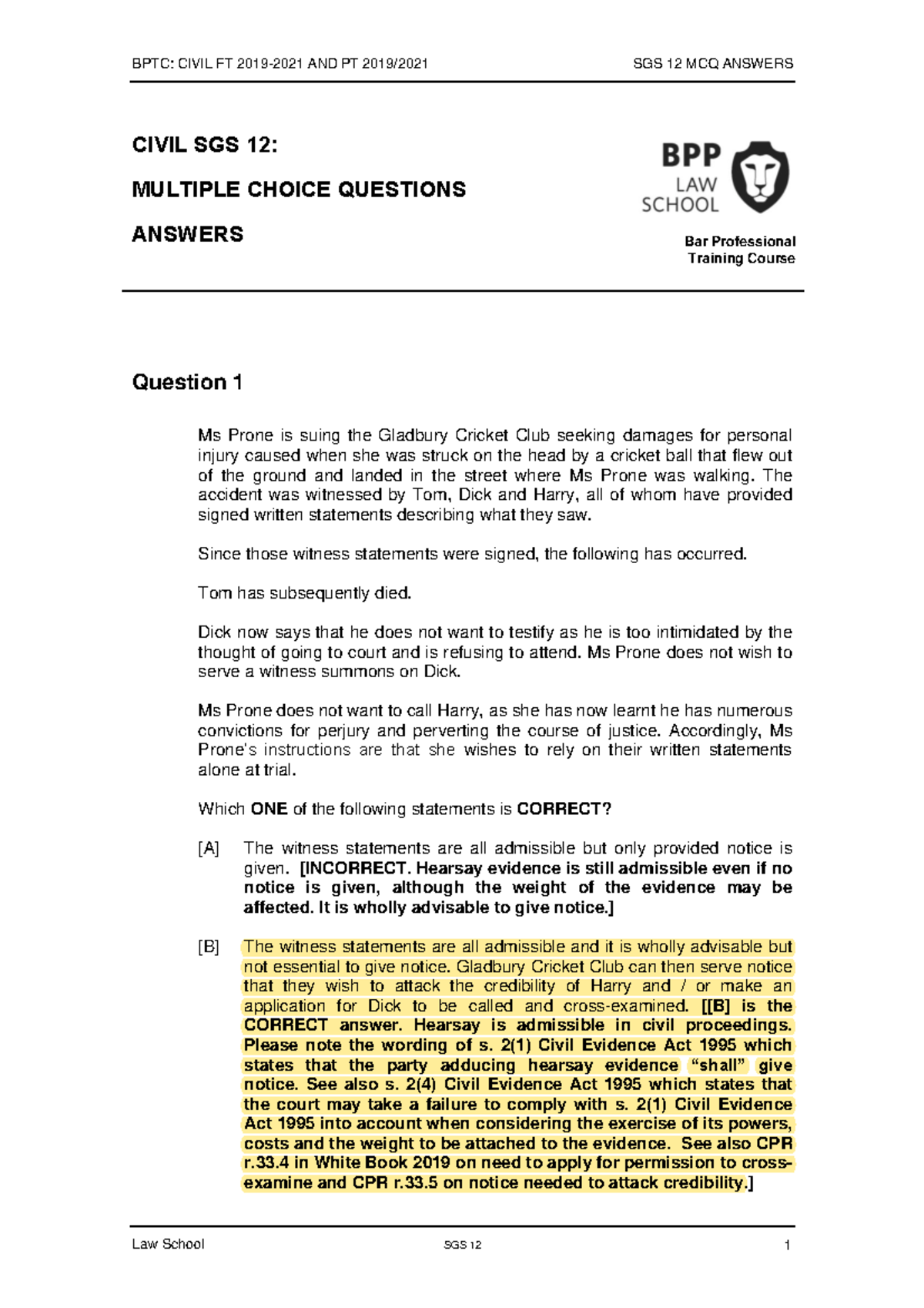 SGS 12 MCQs Civil (w Answers) - BPTC: CIVIL FT 2019-2021 AND PT 2019/2021 SGS 12 MCQ ANSWERS Law ...