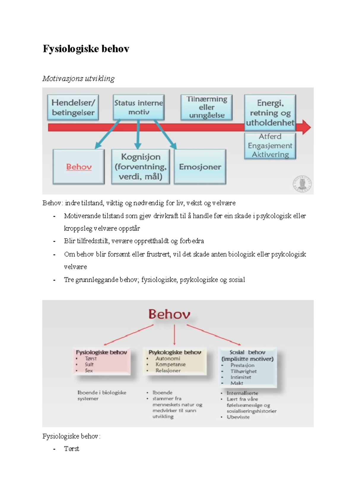 Fysiologiske og psykologiske behov - Fysiologiske behov Motivasjons ...
