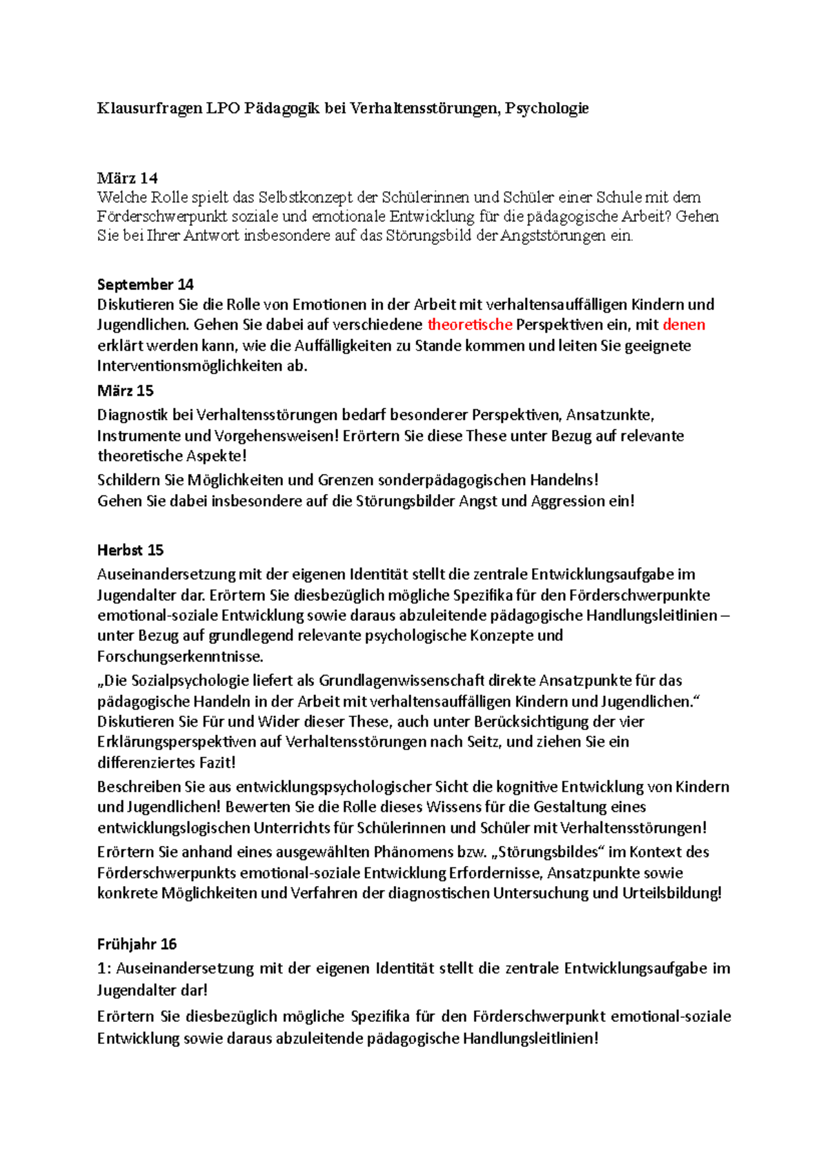 Klausur 1 Februar 2019, Fragen - Klausurfragen LPO Pädagogik bei Verhaltensstörungen ...