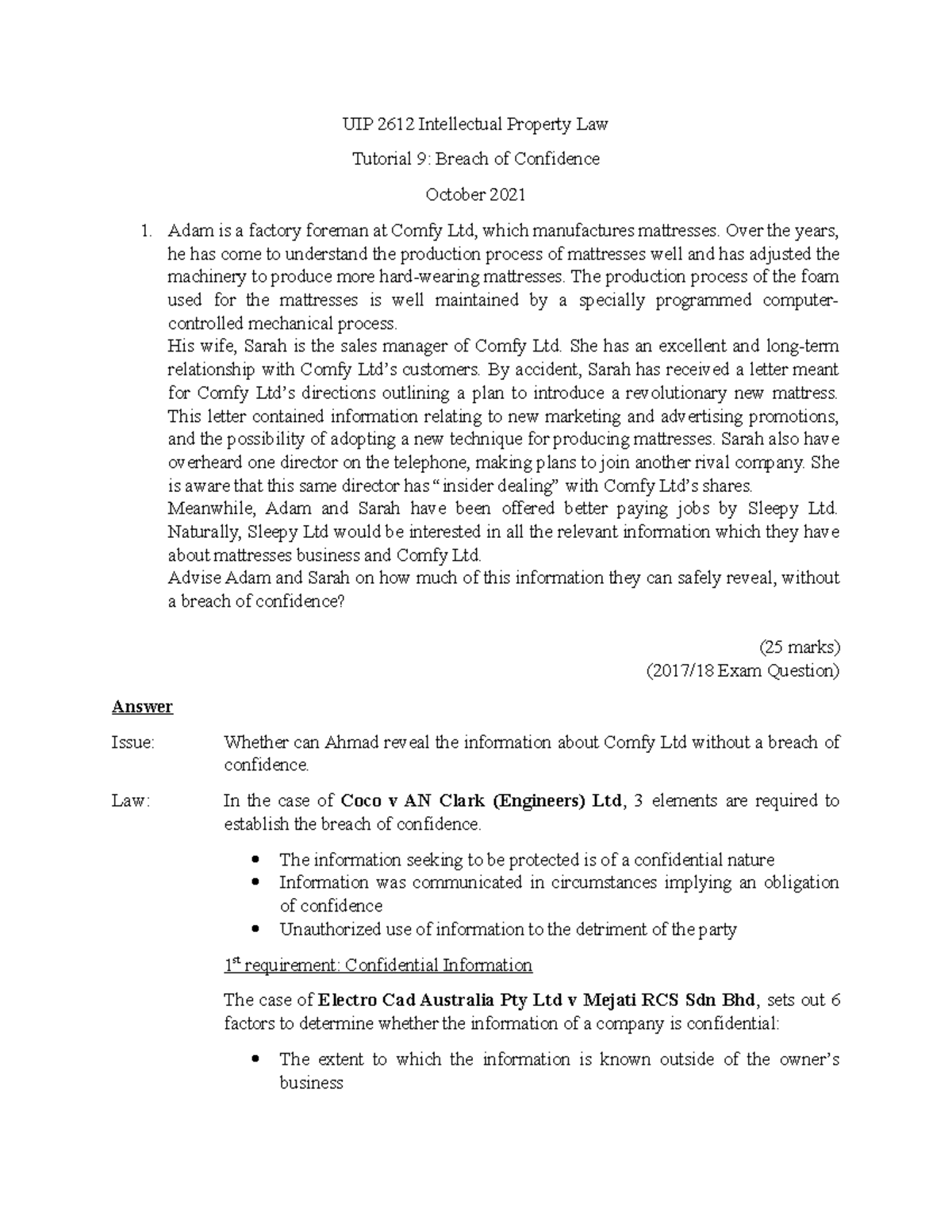 Tutorial 9 Intellectual Property Law Answer - UIP 2612 Intellectual ...