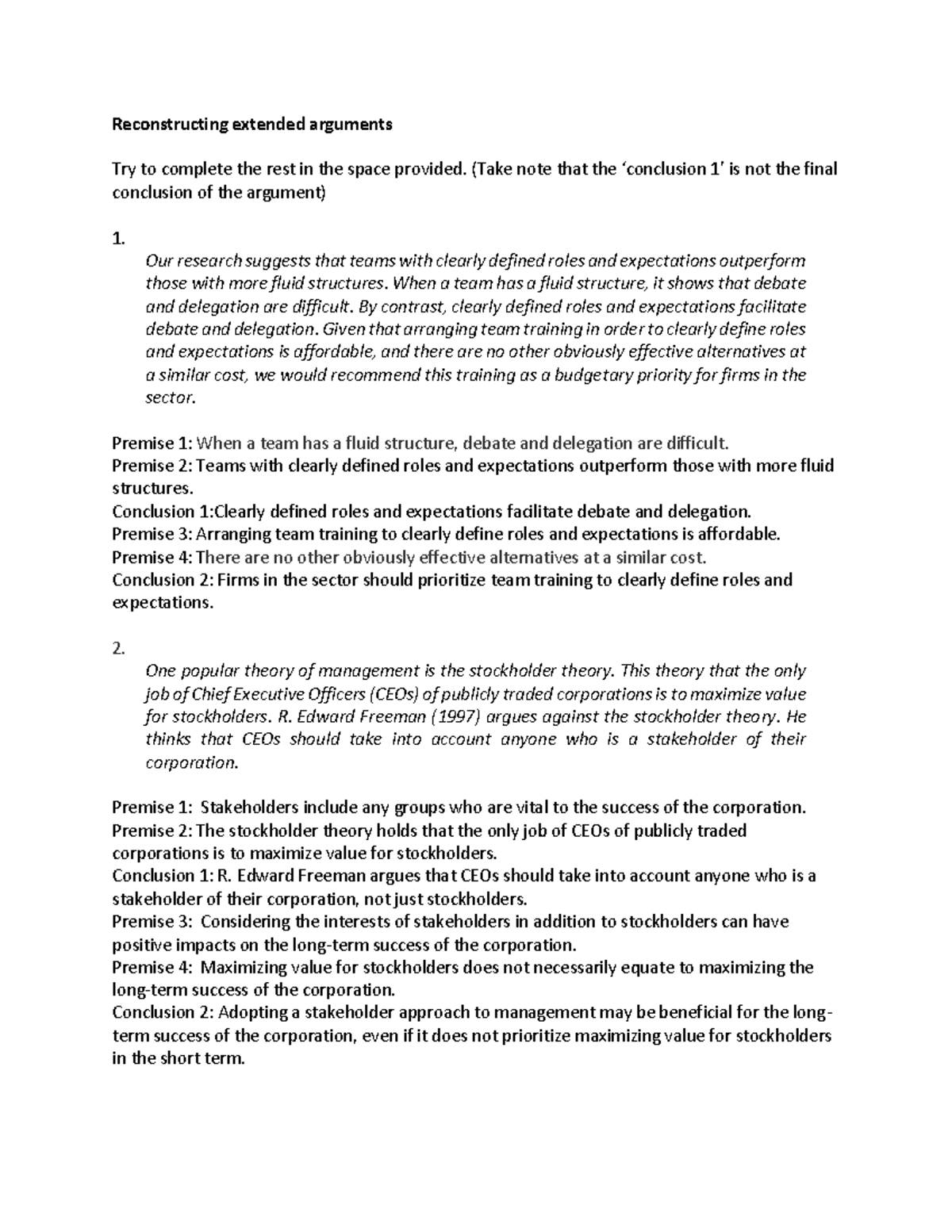 Activity on Spelling out Assumptions and Arguments - Reconstructing extended arguments Try to ...