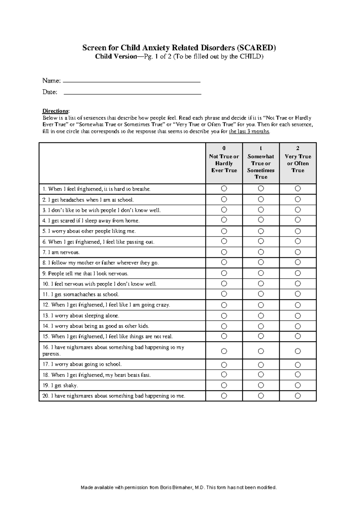 Scared Child - jjblk - Screen for Child Anxiety Related Disorders (SCARED) Child Version—Pg. 1 ...