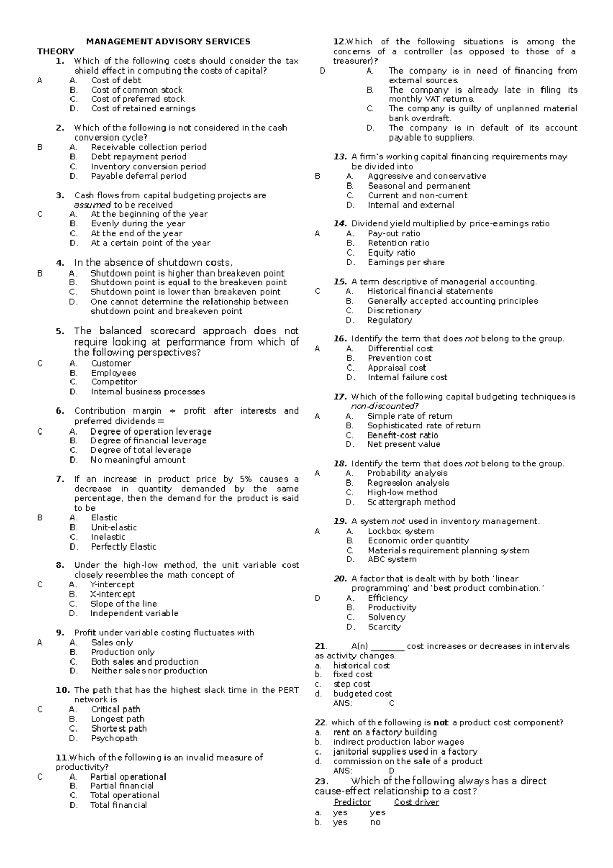 Testbank MAS Compilation - MANAGEMENT ADVISORY SERVICES THEORY Which of ...